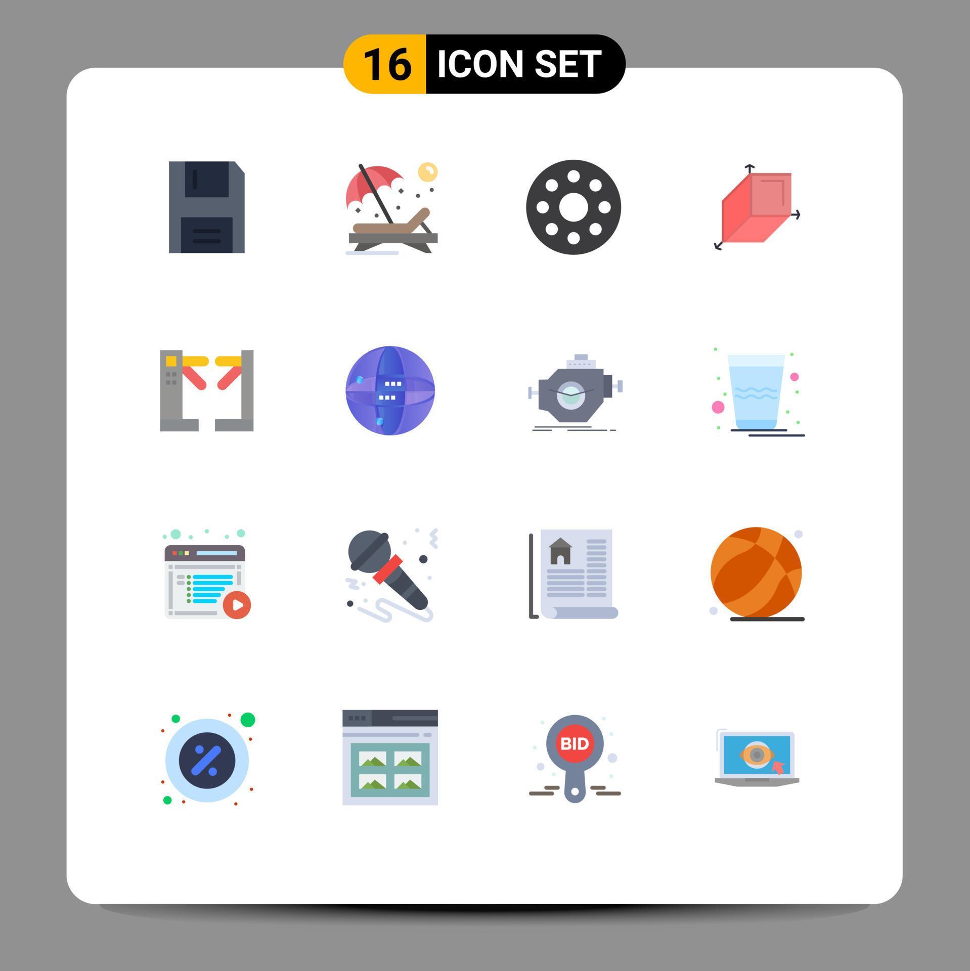 Flat Color Pack Of 16 Universal Symbols Of Control Design Sun Cuboid Monitor Editable Pack Of