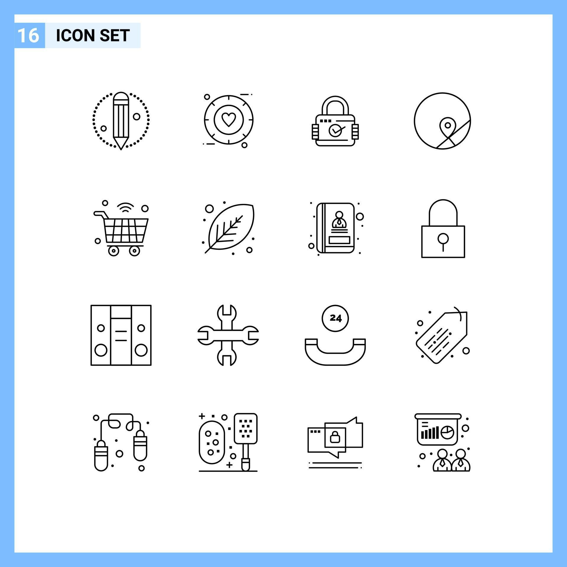 Editable Vector Line Pack Of 16 Simple Outlines Of Internet Of Things Cart Padlock Map Map