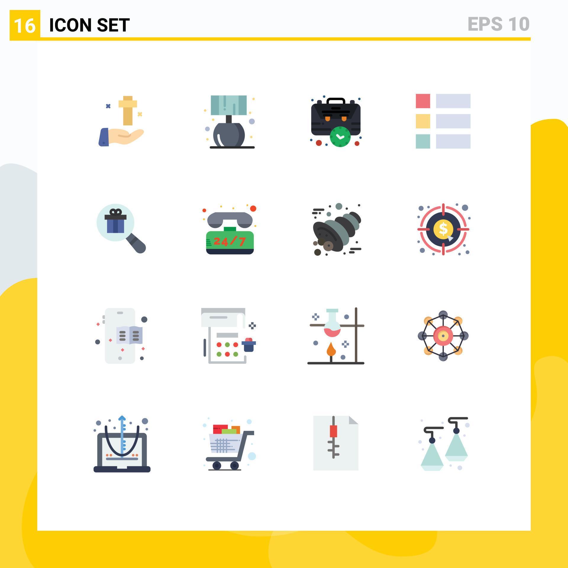 Mobile Interface Flat Color Set Of 16 Pictograms Of Research Image Bag Frame Time Editable Pack