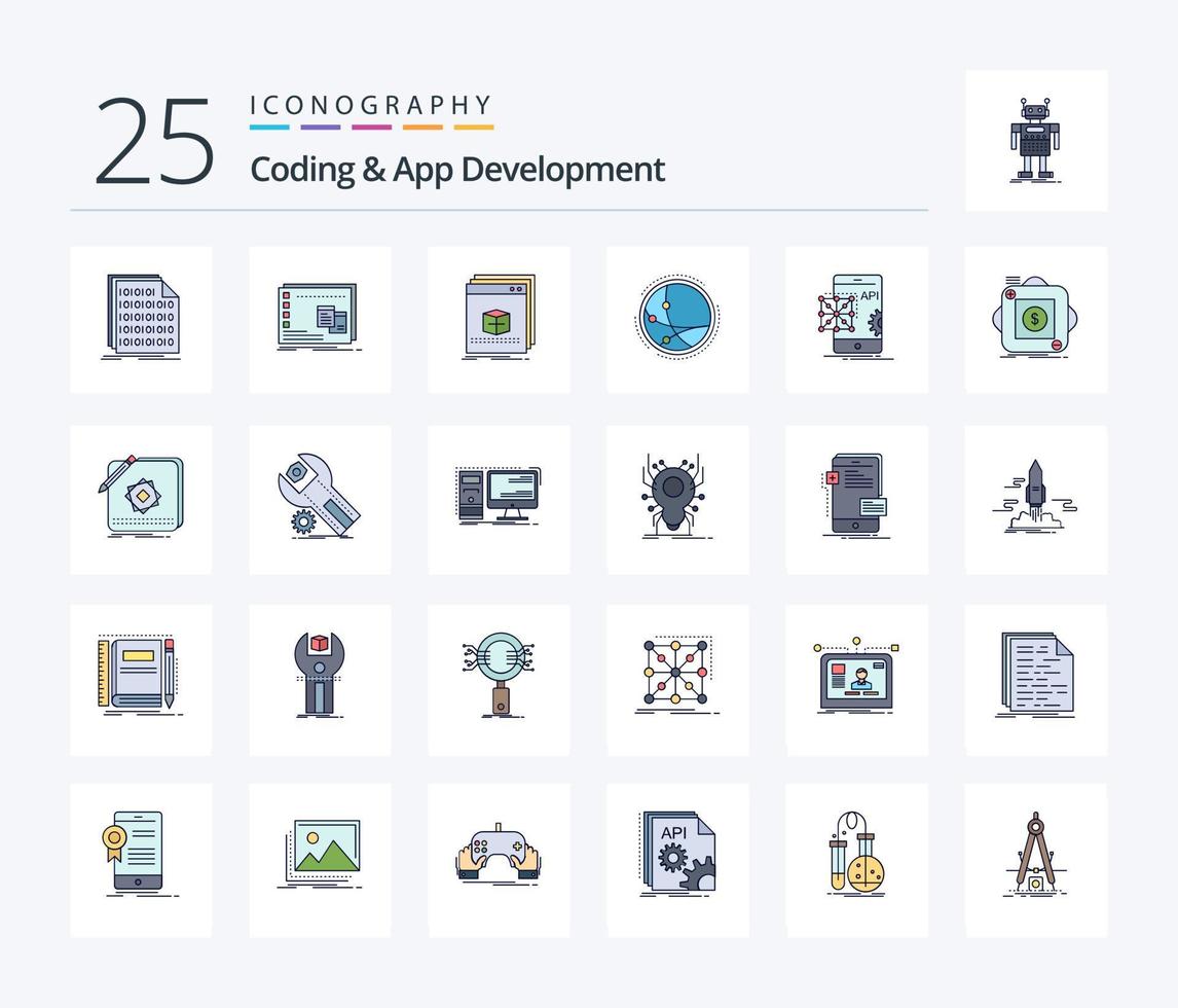 Coding And App Development 25 Line Filled Icon Pack Including Connection Worldwide Os Program