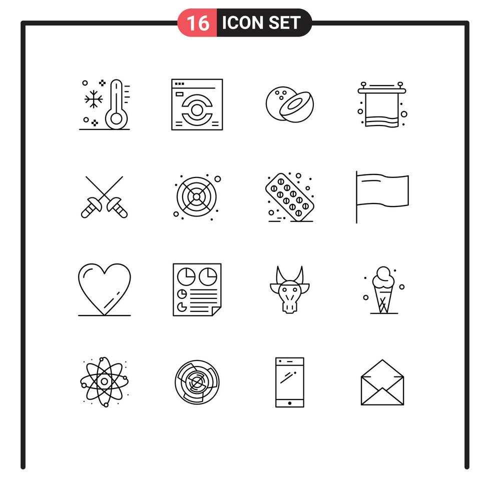 Mobile Interface Outline Set Of 16 Pictograms Of Computer Sabre Coconut Fencing Towel Editable