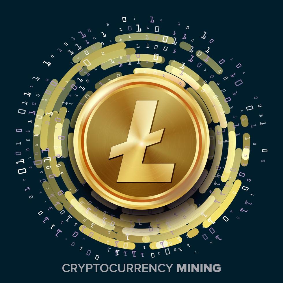 Mining Litecoin Cryptocurrency Vector. Golden Coin, Digital Stream. Futuristic Money. Fintech ...