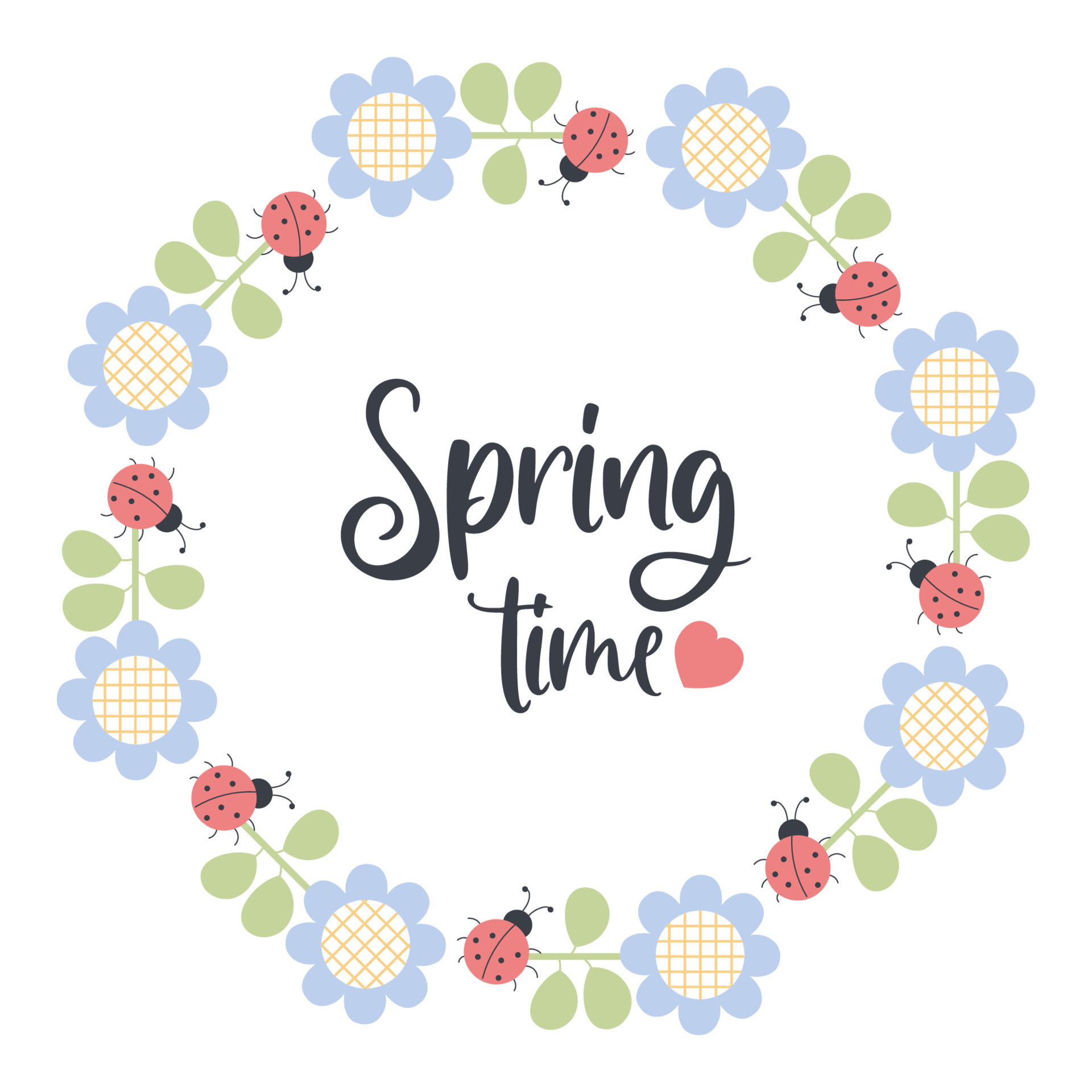 Spring time. Round frame with decorative sunflower flowers and ladybug ...