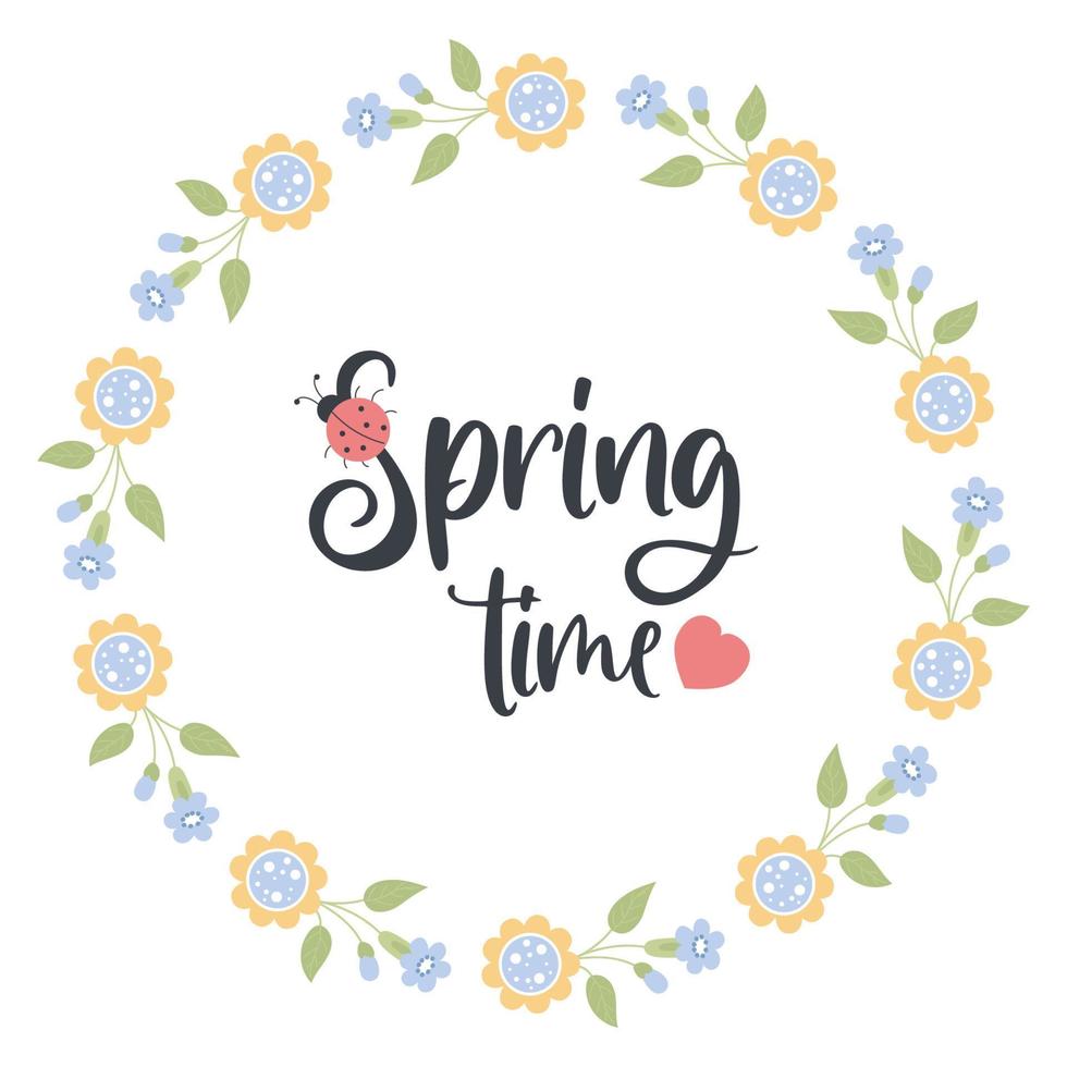 Spring time. Round floral frame with decorative yellow-blue flowers ...