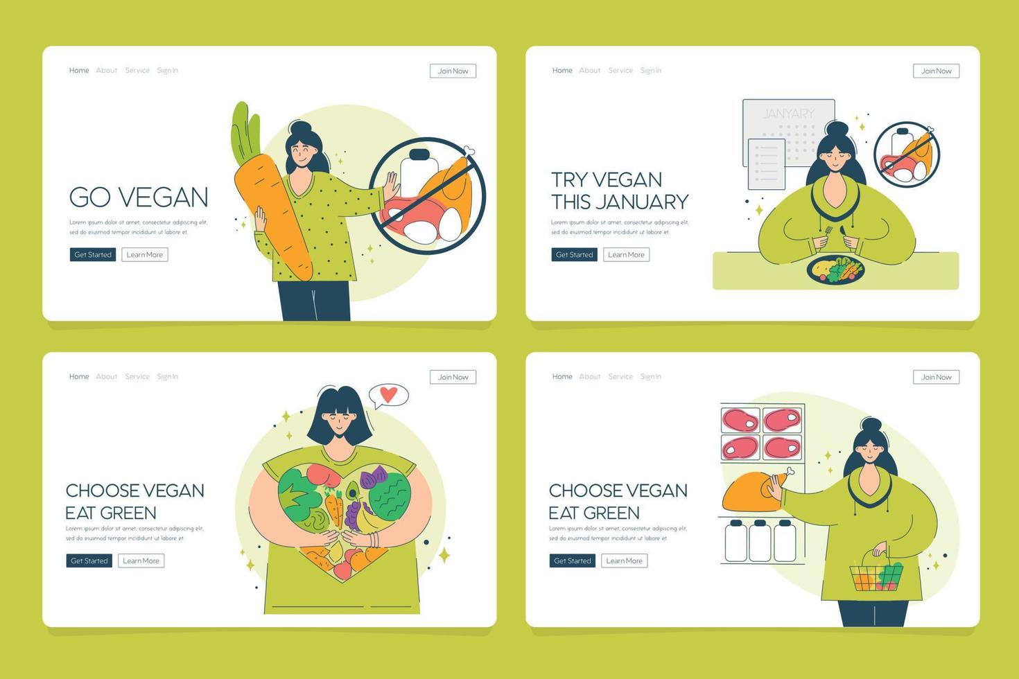 Web landing template happy woman chooses veganism and vegetables. The ...