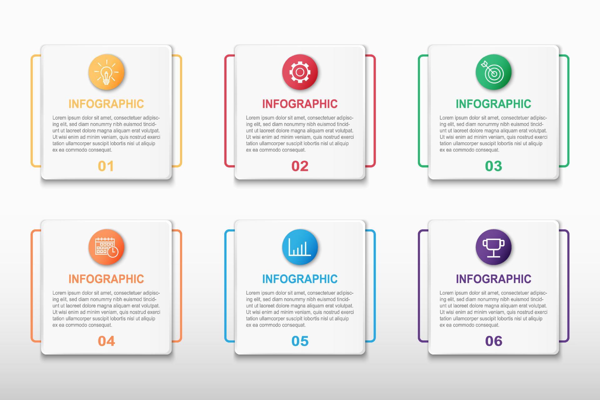 Infographic design vector template with 6 round square step or option ...