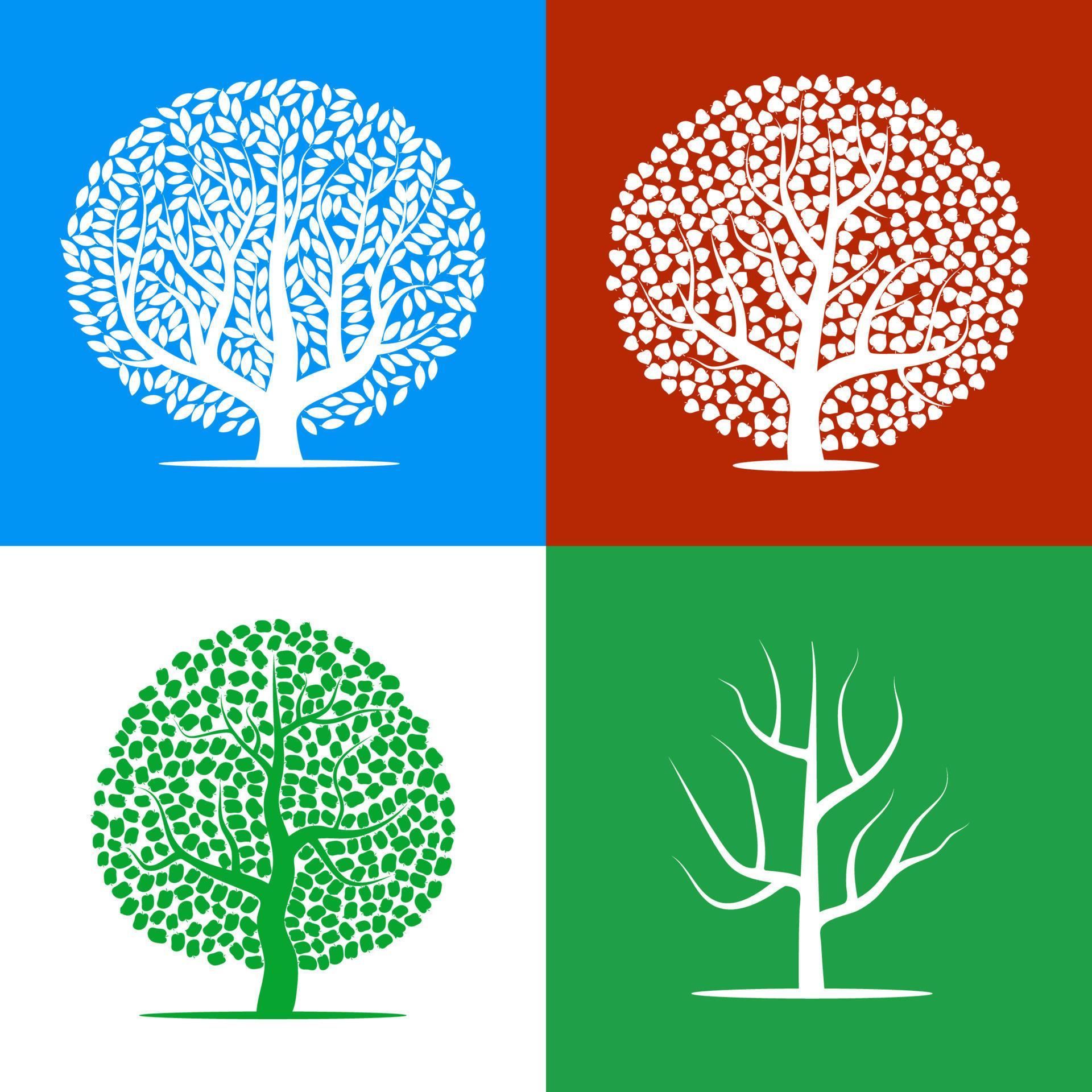 Set of four silhouettes of trees on colorful backgrounds. Vector ...