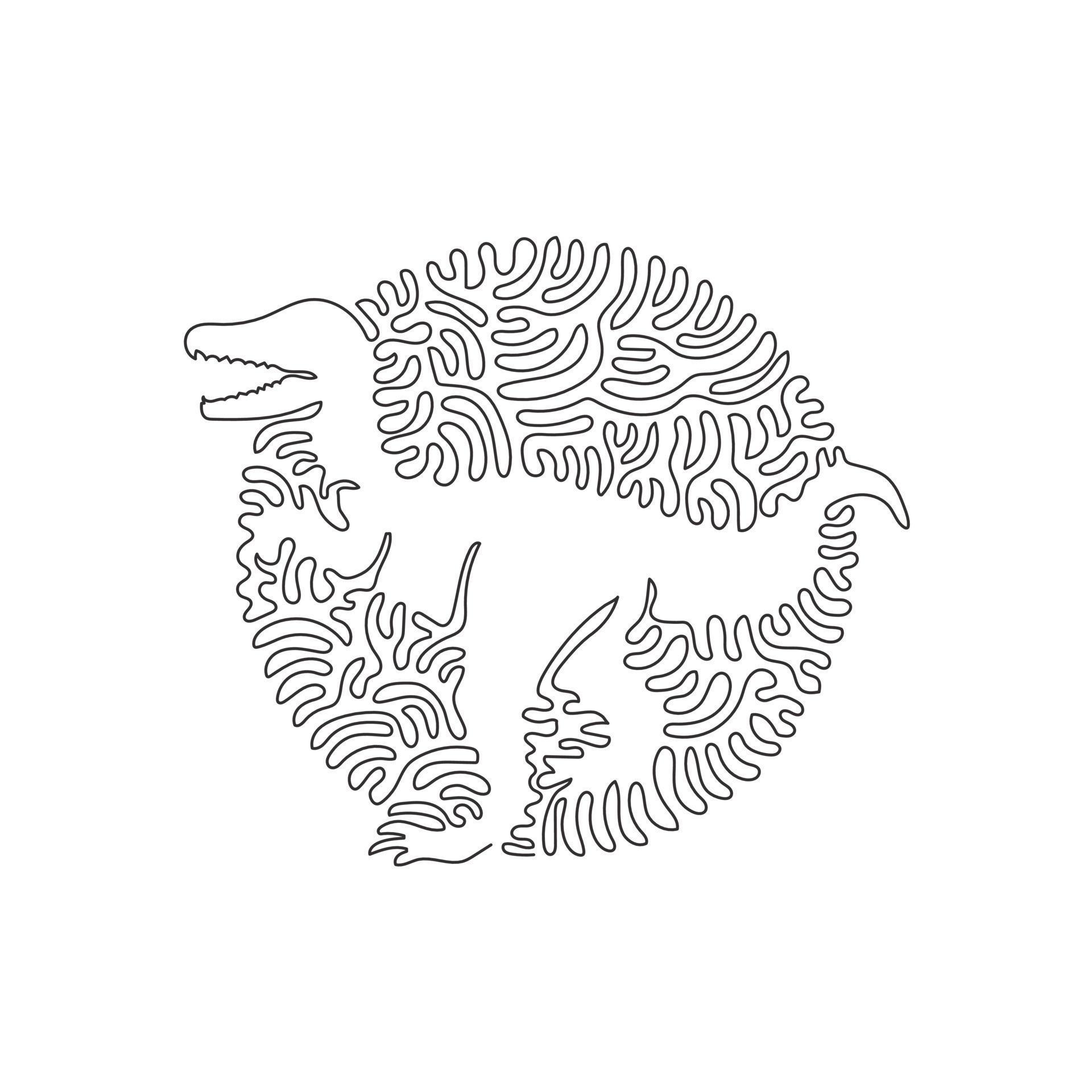 Single One Curly Line Drawing Of Feathered Dinosaur Abstract Art