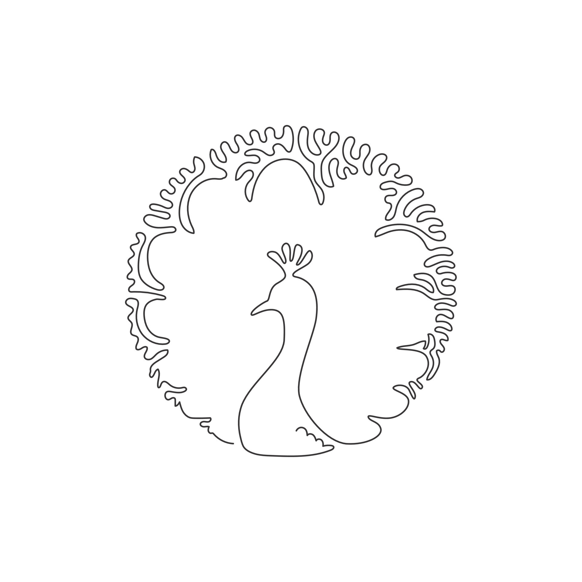 Continuous Curve One Line Drawing Of Awesome Huge Tail Peacock Abstract Art In Circle Single