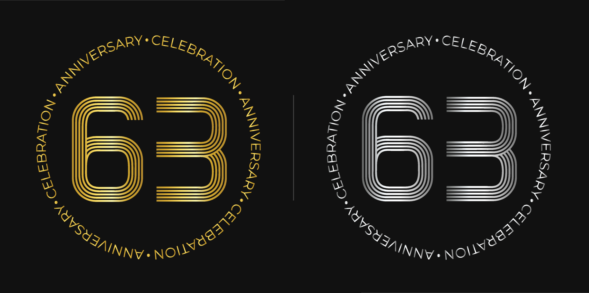 63th birthday. Sixty-three years anniversary celebration banner in golden and silver colors ...