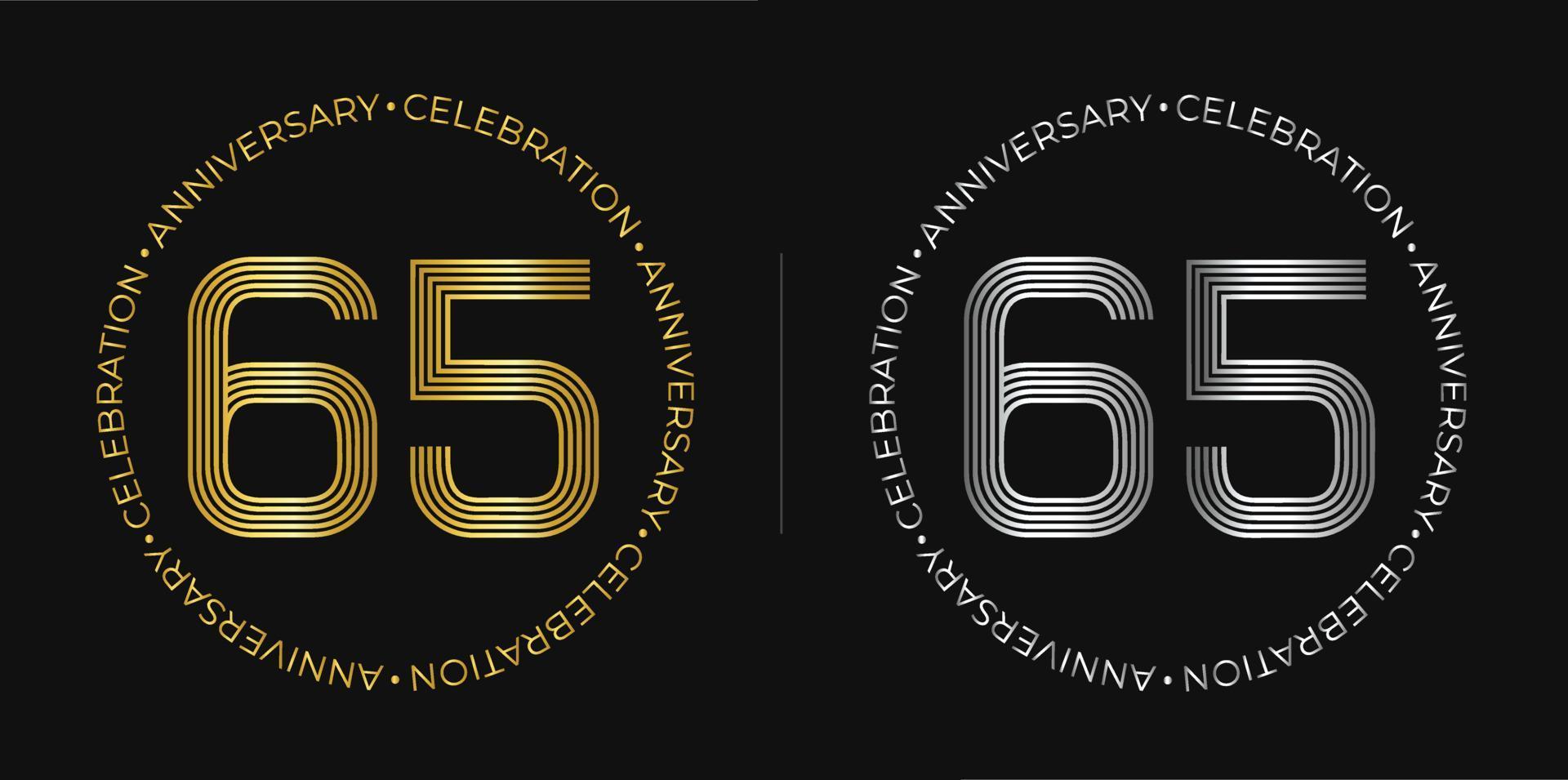 65th birthday. Sixty-five years anniversary celebration banner in golden and silver colors ...