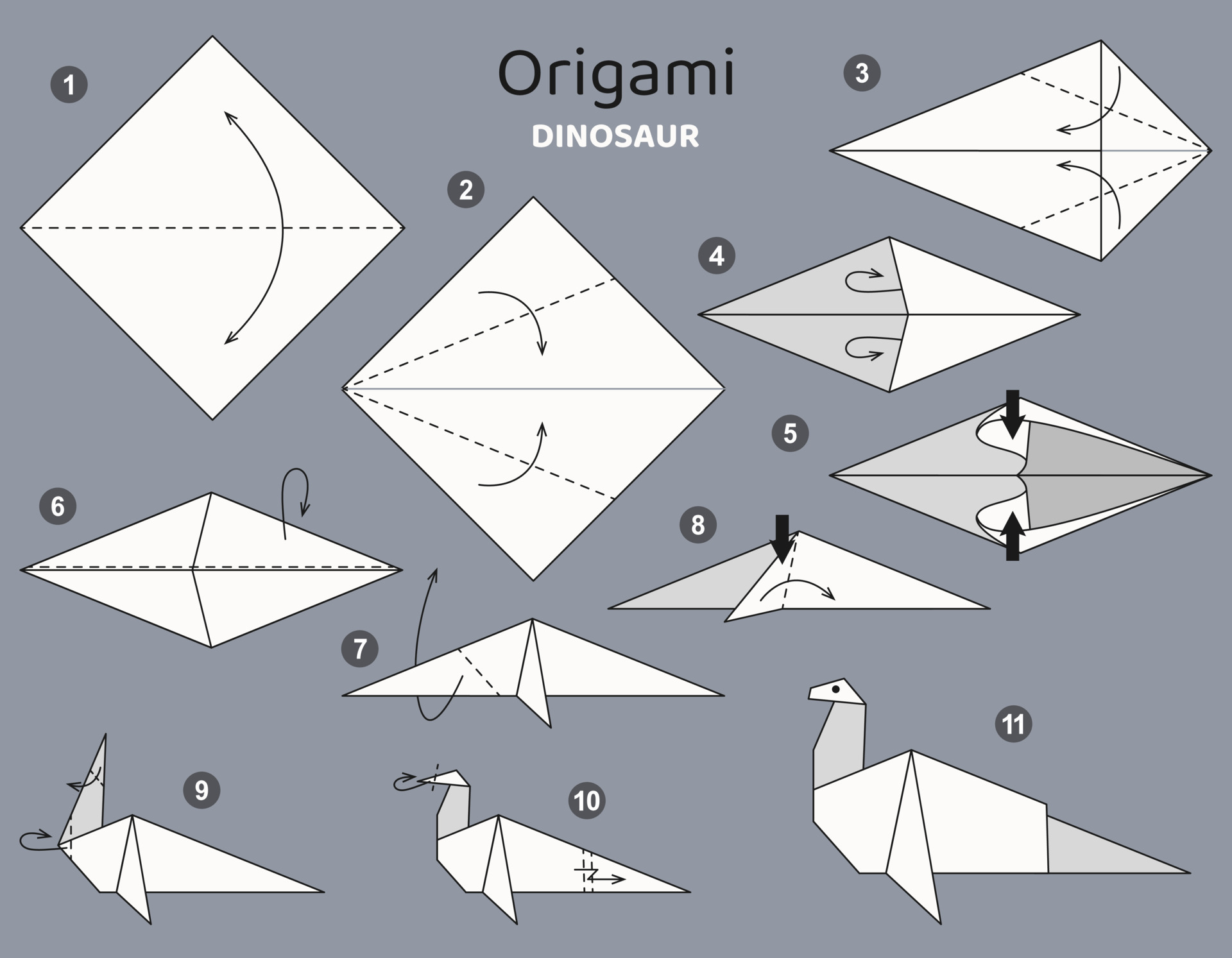 Tutorial origami scheme with dinosaur. isolated origami elements on ... Tutorial origami scheme with dinosaur. isolated origami elements on ...