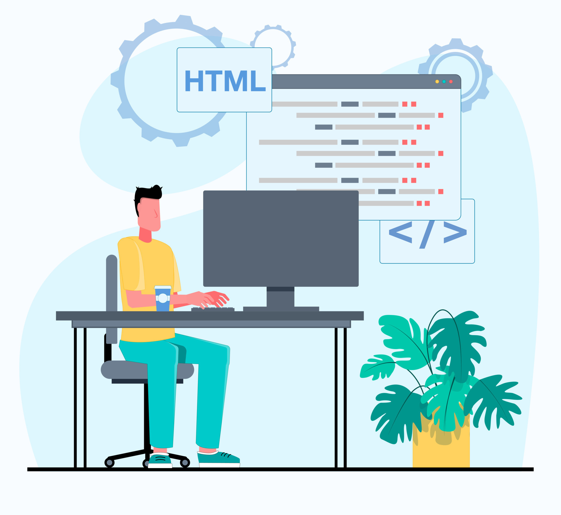 Programmer working. The programmer works on the computer. A man sits at ...