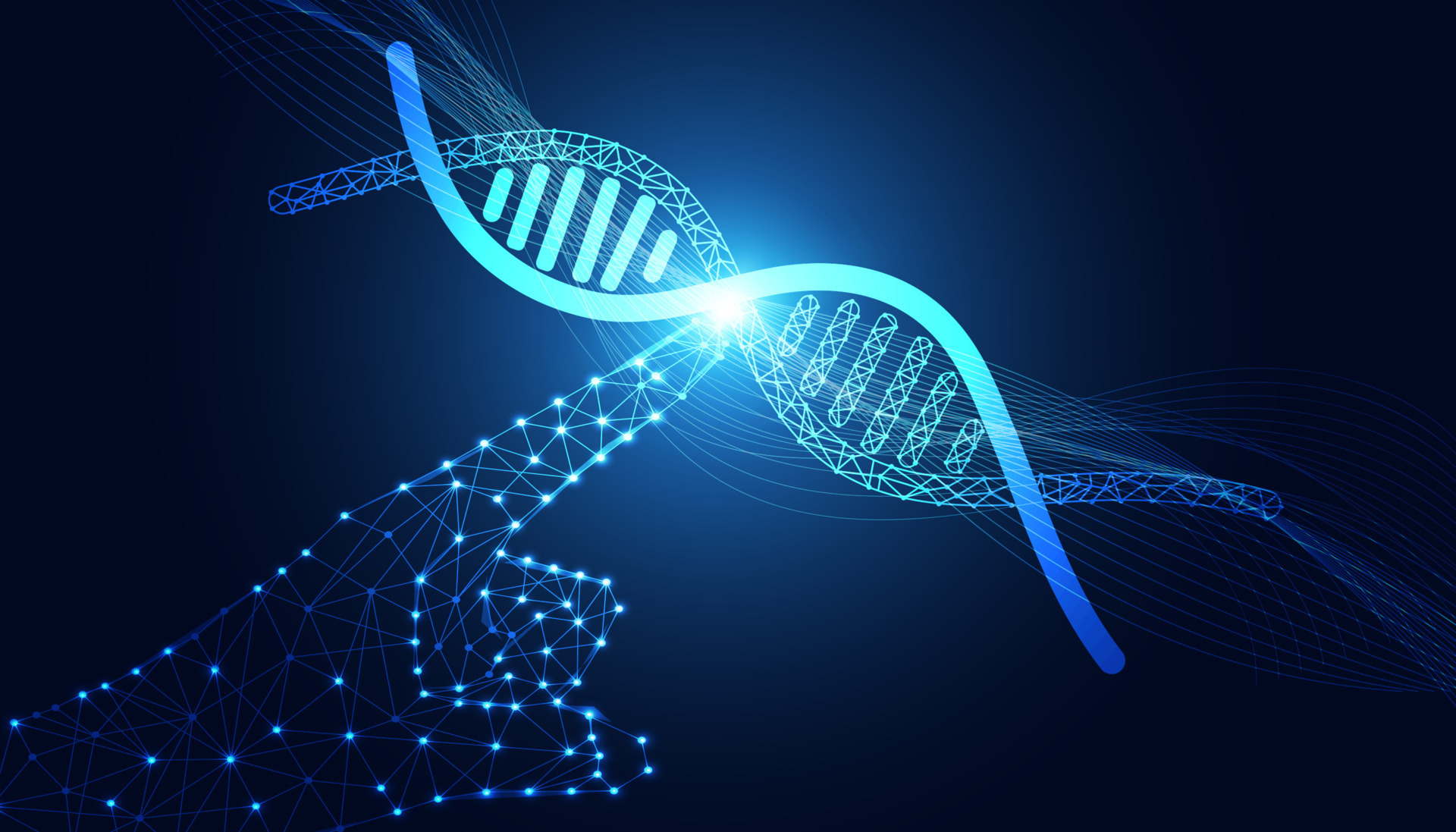 Abstract Hand Digital Wireframe Pointing Dna Concept Medical Science Experiment And Gene Editing