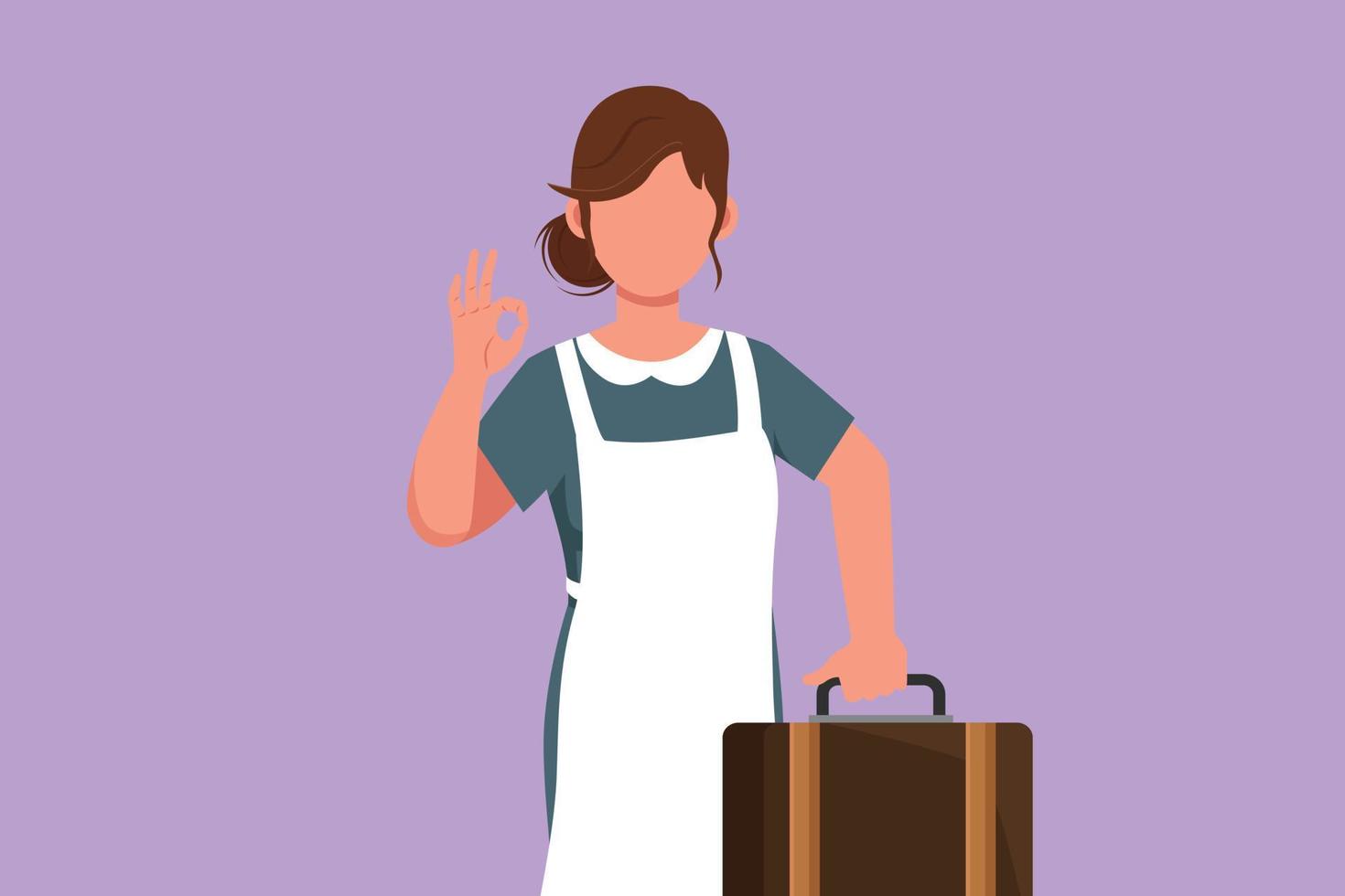Graphic Flat Design Drawing Cute Maid In Hotel Holding Suitcase With Okay Gesture Work Deftly