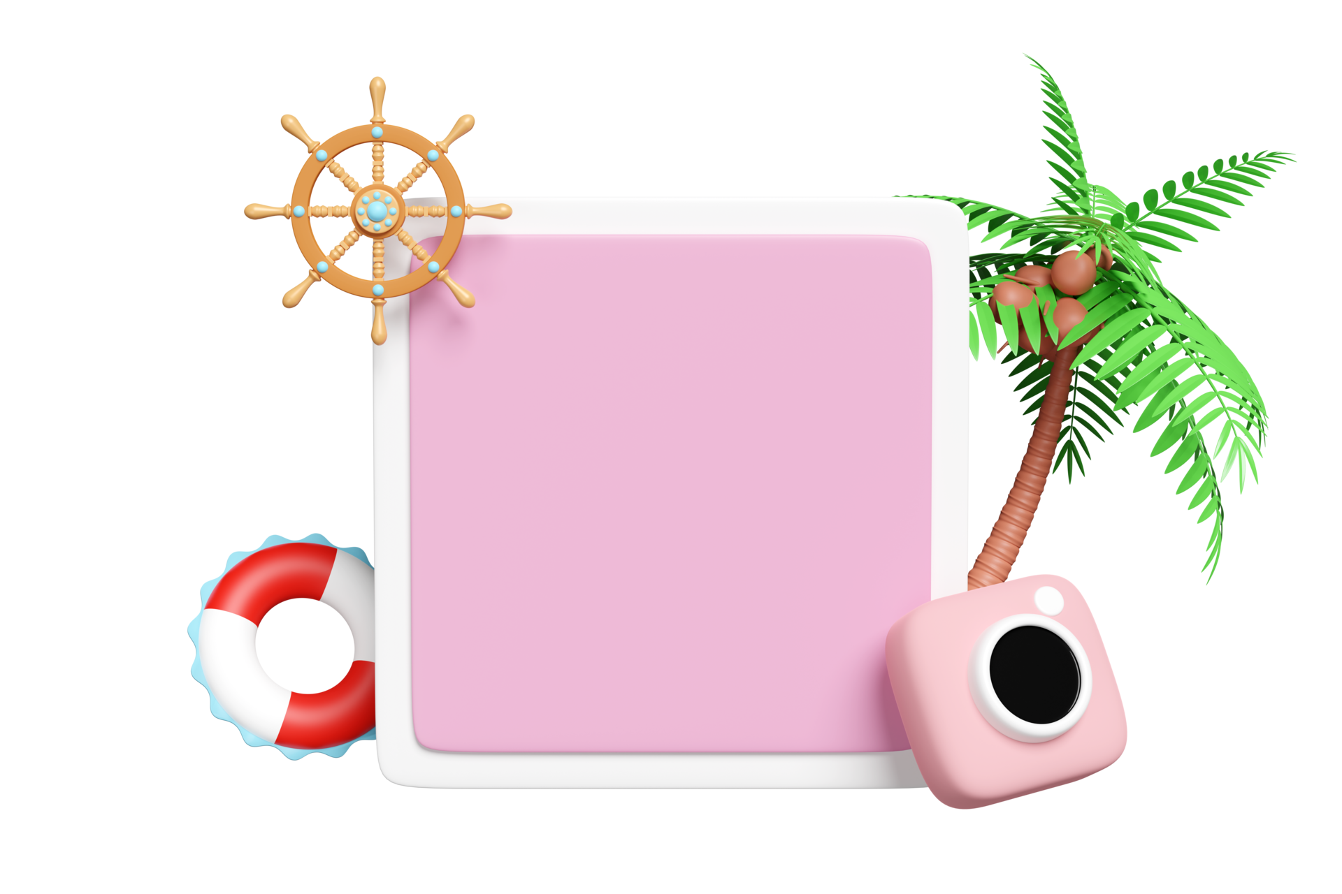3d Photo Frame With Copy Space Palm Tree Lifebuoy Helm Camera Isolated Summer Travel