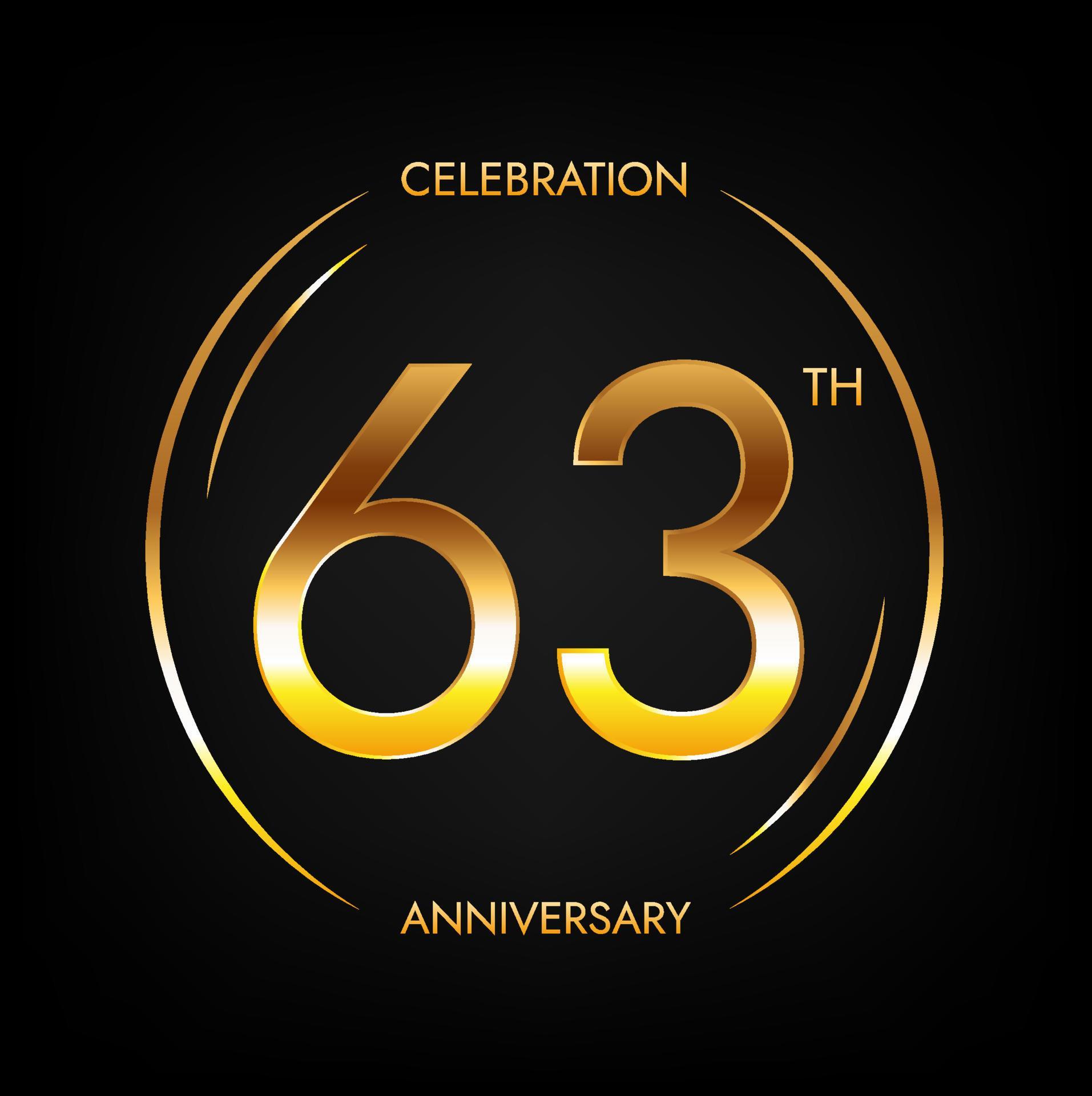 63th anniversary. Sixty-three years birthday celebration banner in bright golden color. Circular ...