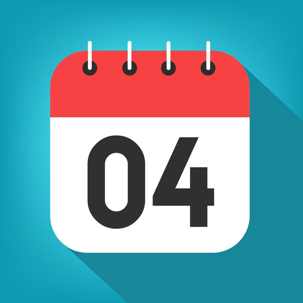 día calendario 4. número cuatro en un libro blanco con borde rojo sobre vector de fondo azul ...