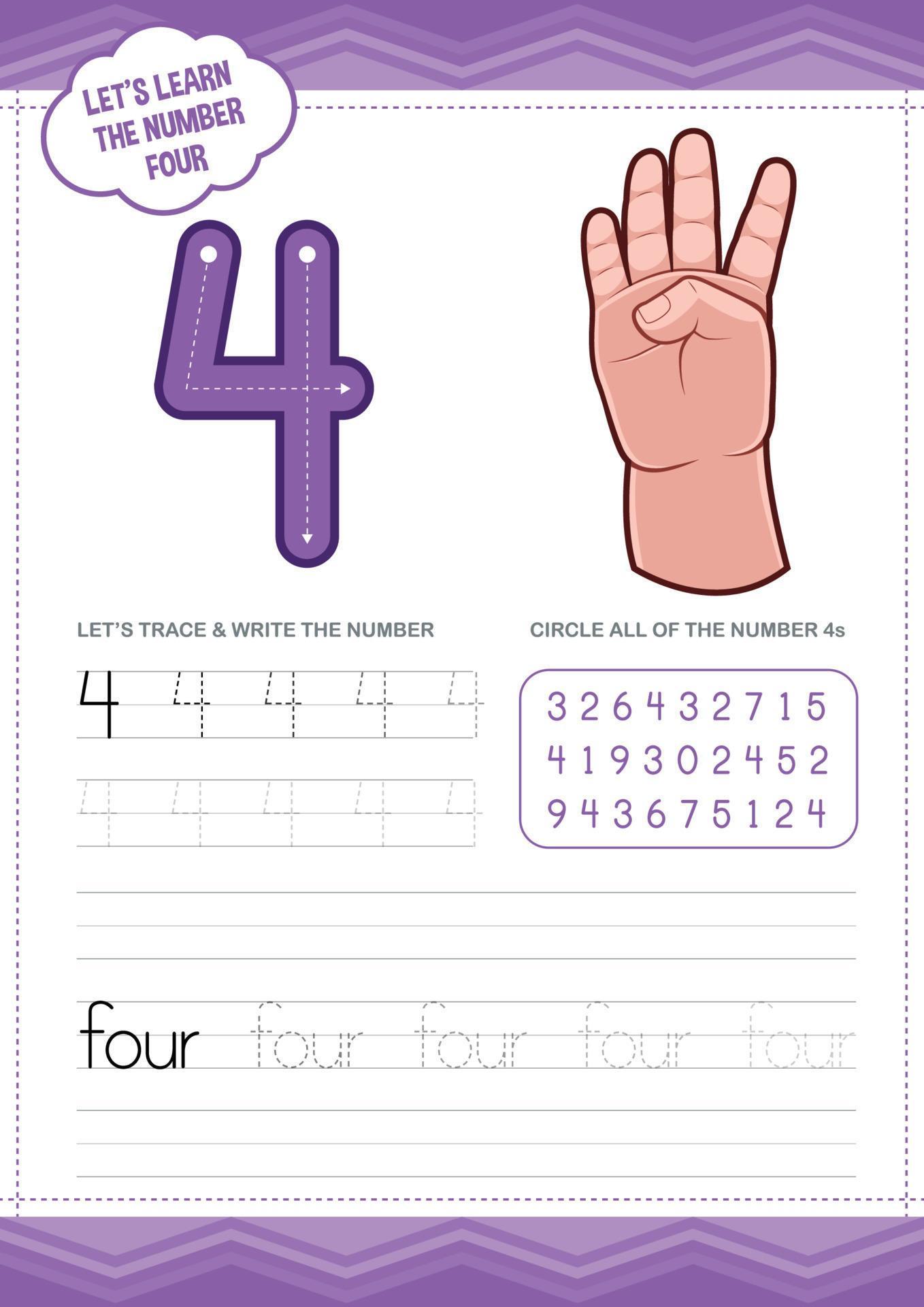 Preschool Learning Number Four Worksheet 19549815 Vector Art at Vecteezy