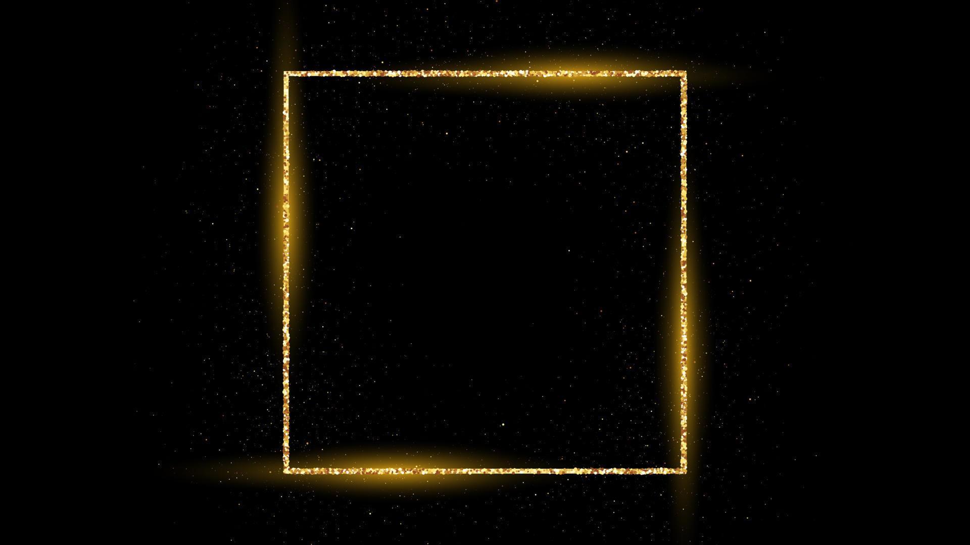 Golden square frame with glitter, sparkles and flares on dark background. Empty luxury backdrop ...