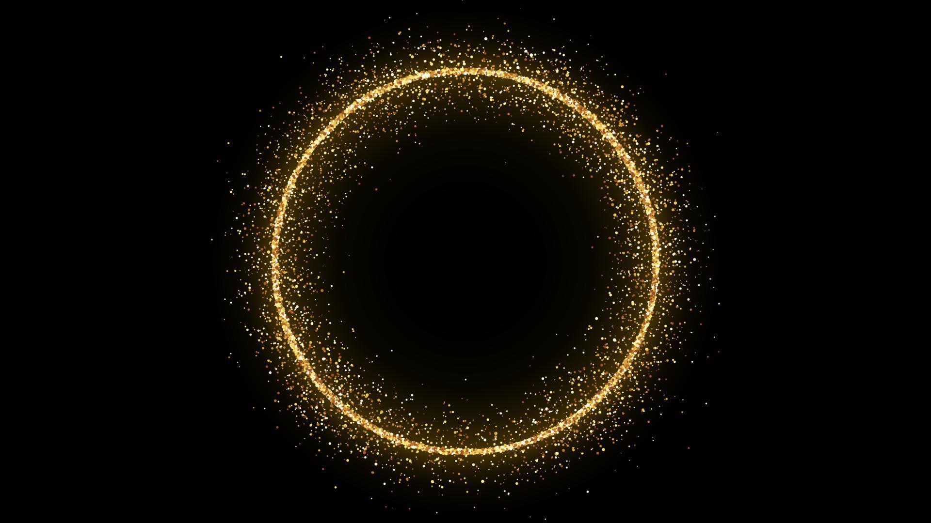 Golden circle frame with glitter, sparkles and flares on dark background. Empty luxury backdrop ...