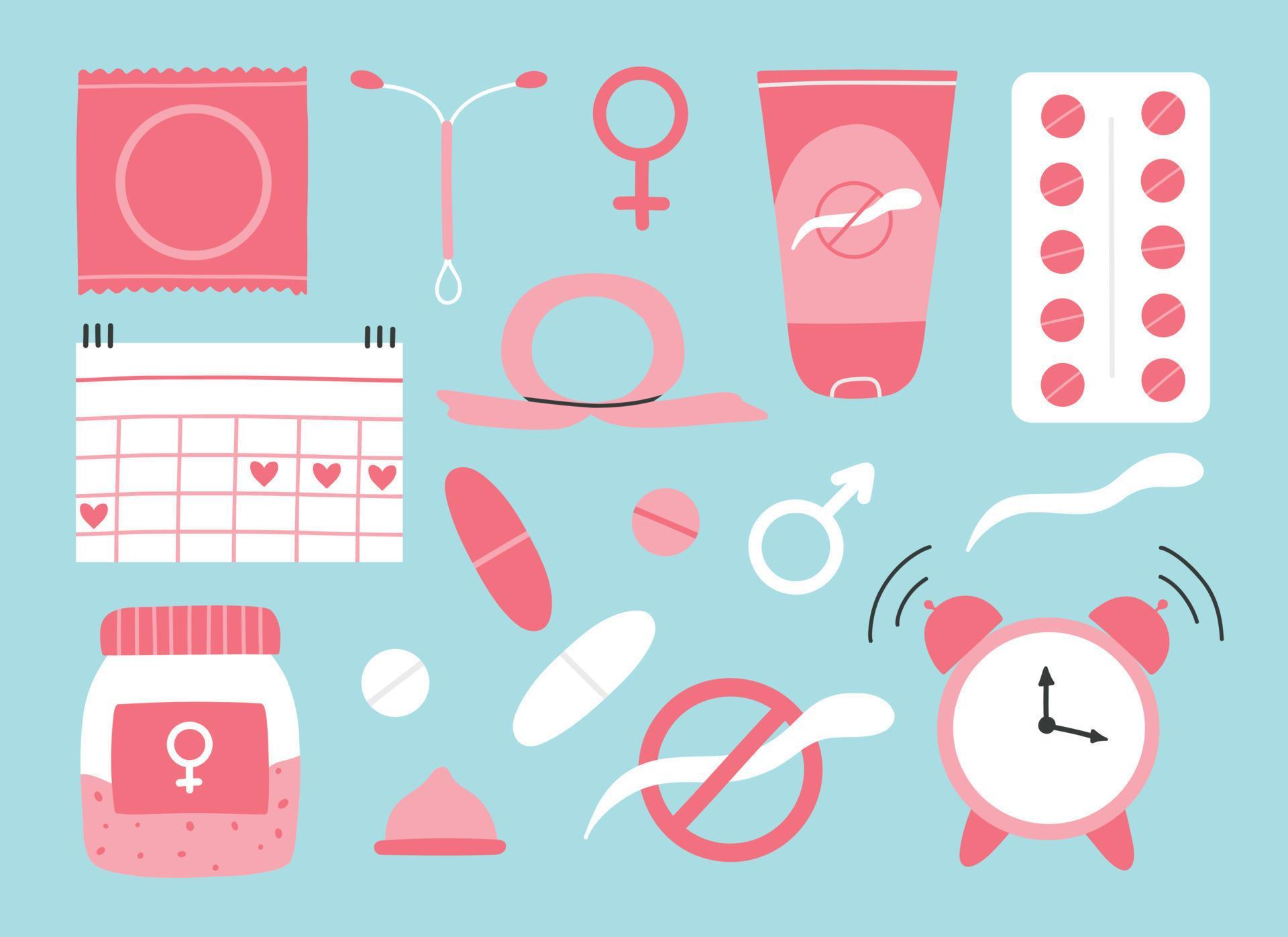 Types Of Contraception Pills Calendar Patch Condom And Coil Vector Illustration In A Flat