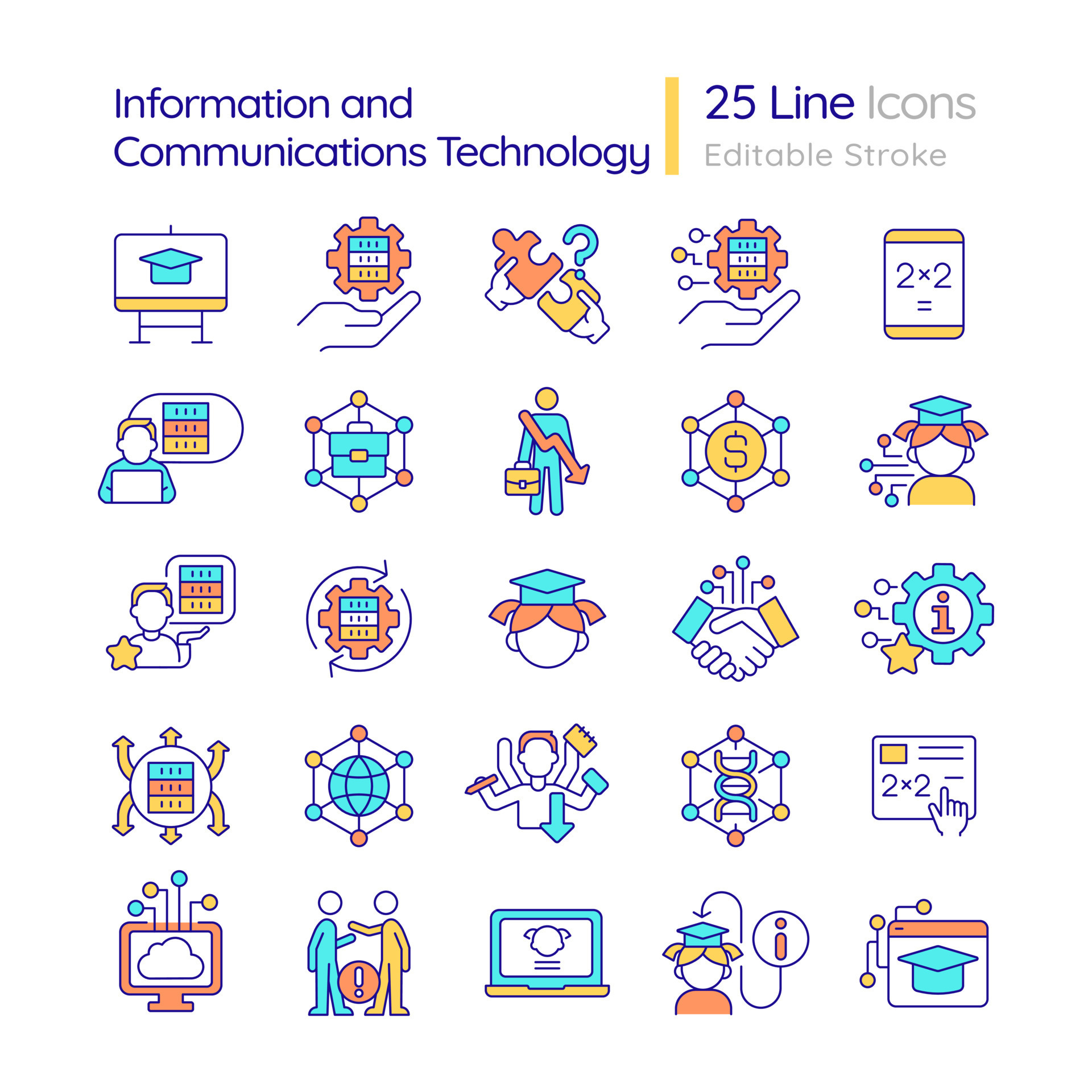 Information and communications technology development RGB color icons set. ICT industry of data ...