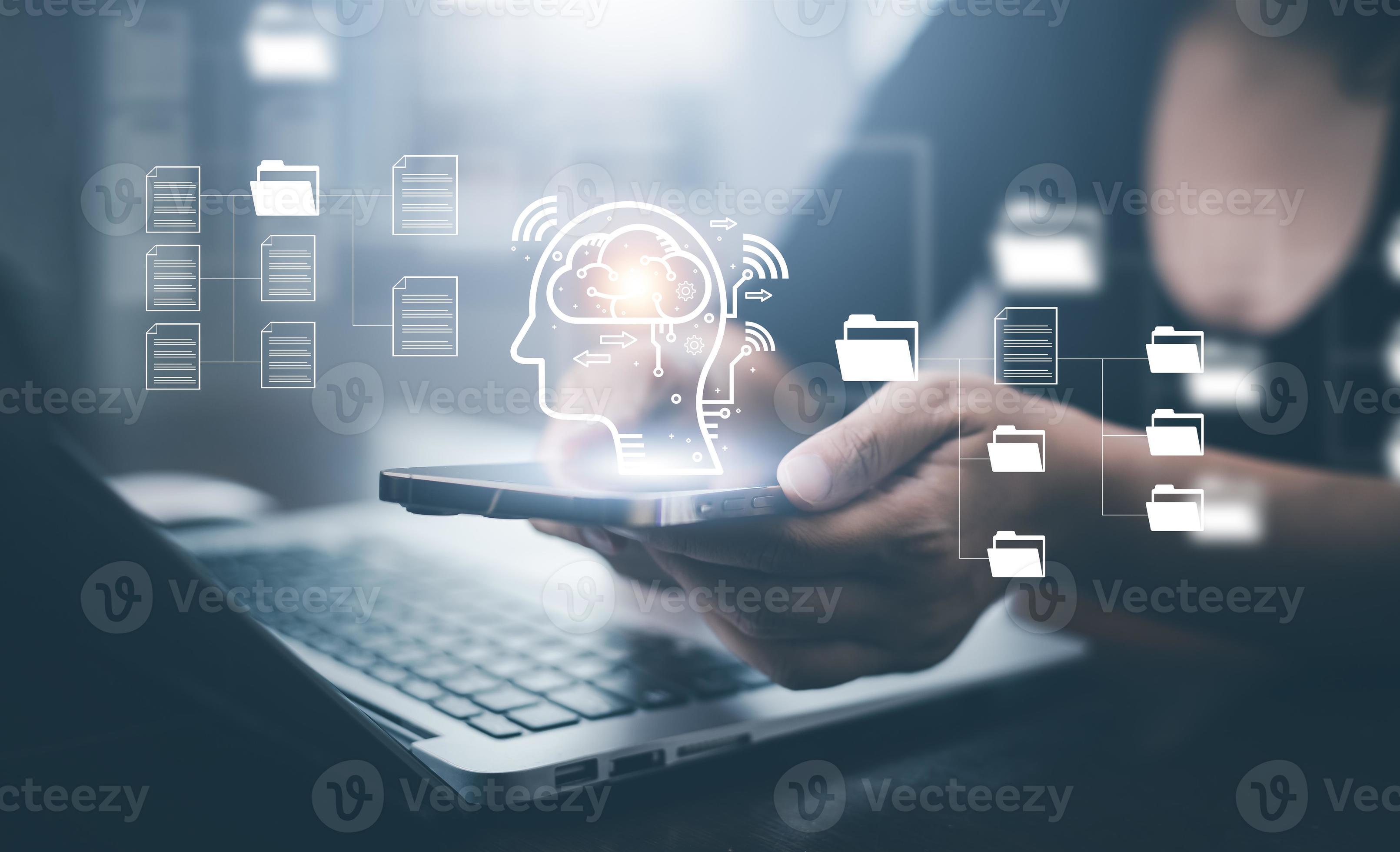 Businesswoman working on laptop with virtual screen. Online documentation database, IT ...