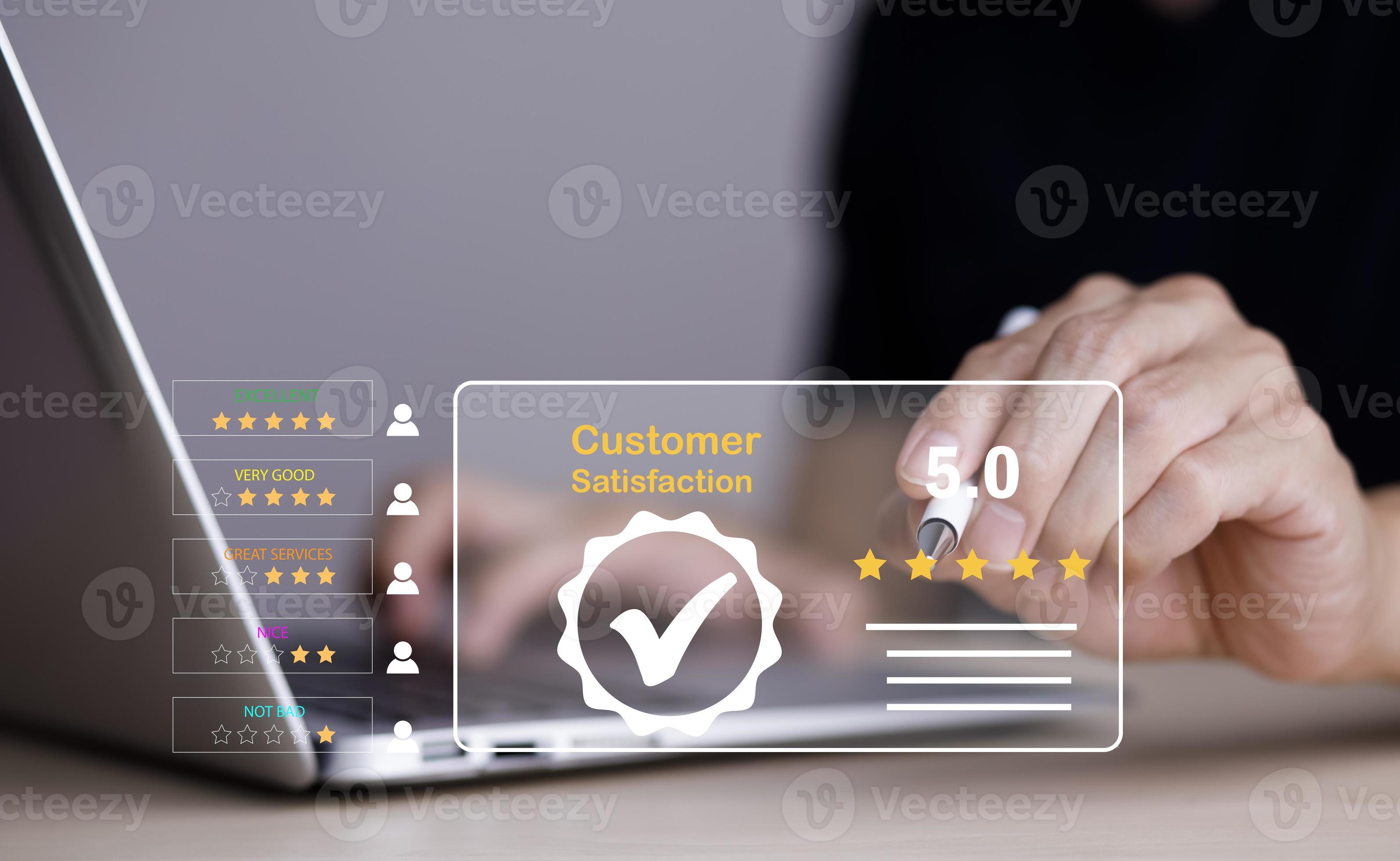 Man touch smartphone with Customer review satisfaction feedback survey concept, User give rating ...