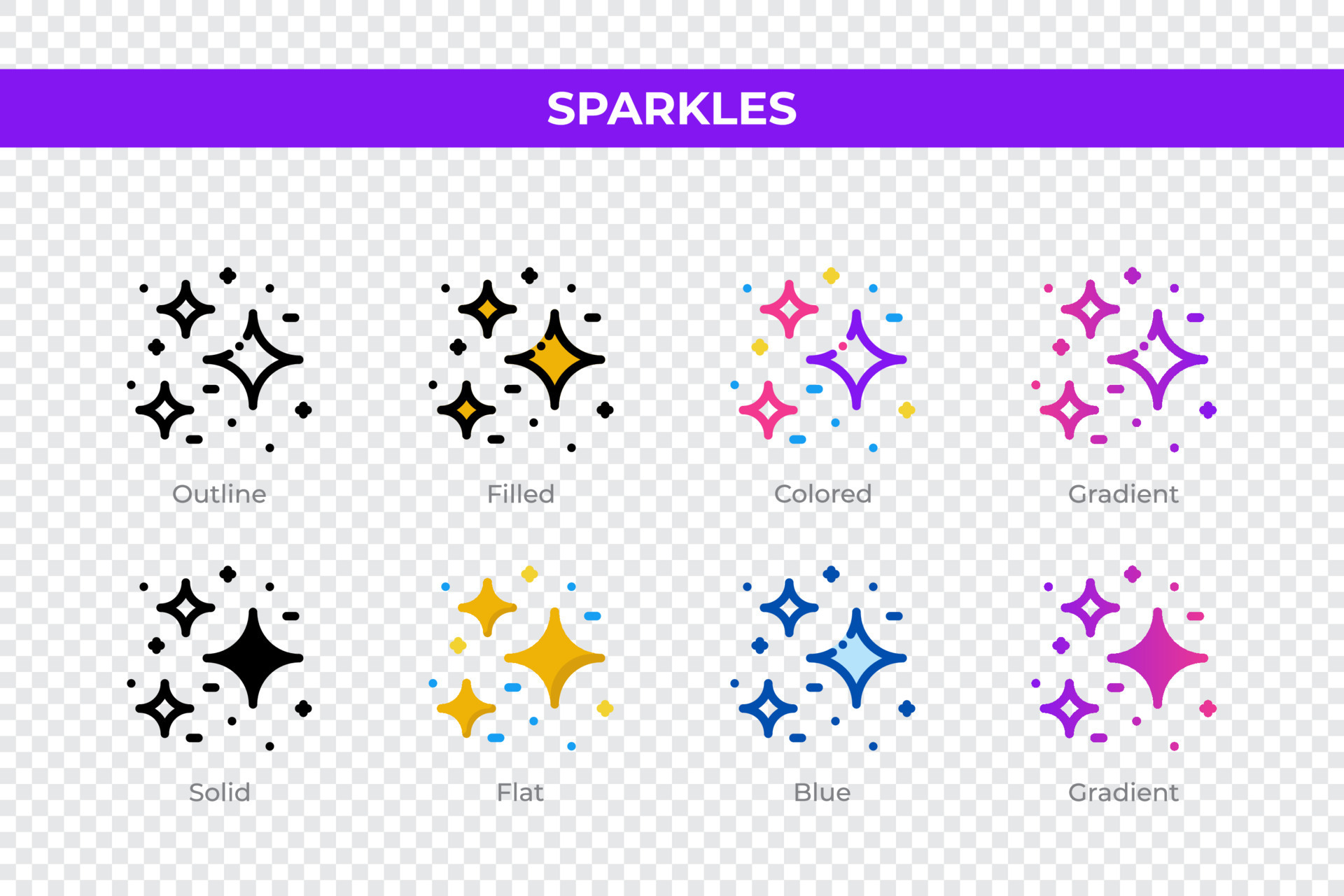 Sparkles icons in different style. Sparkles icons set. Holiday symbol. Different style icons set ...