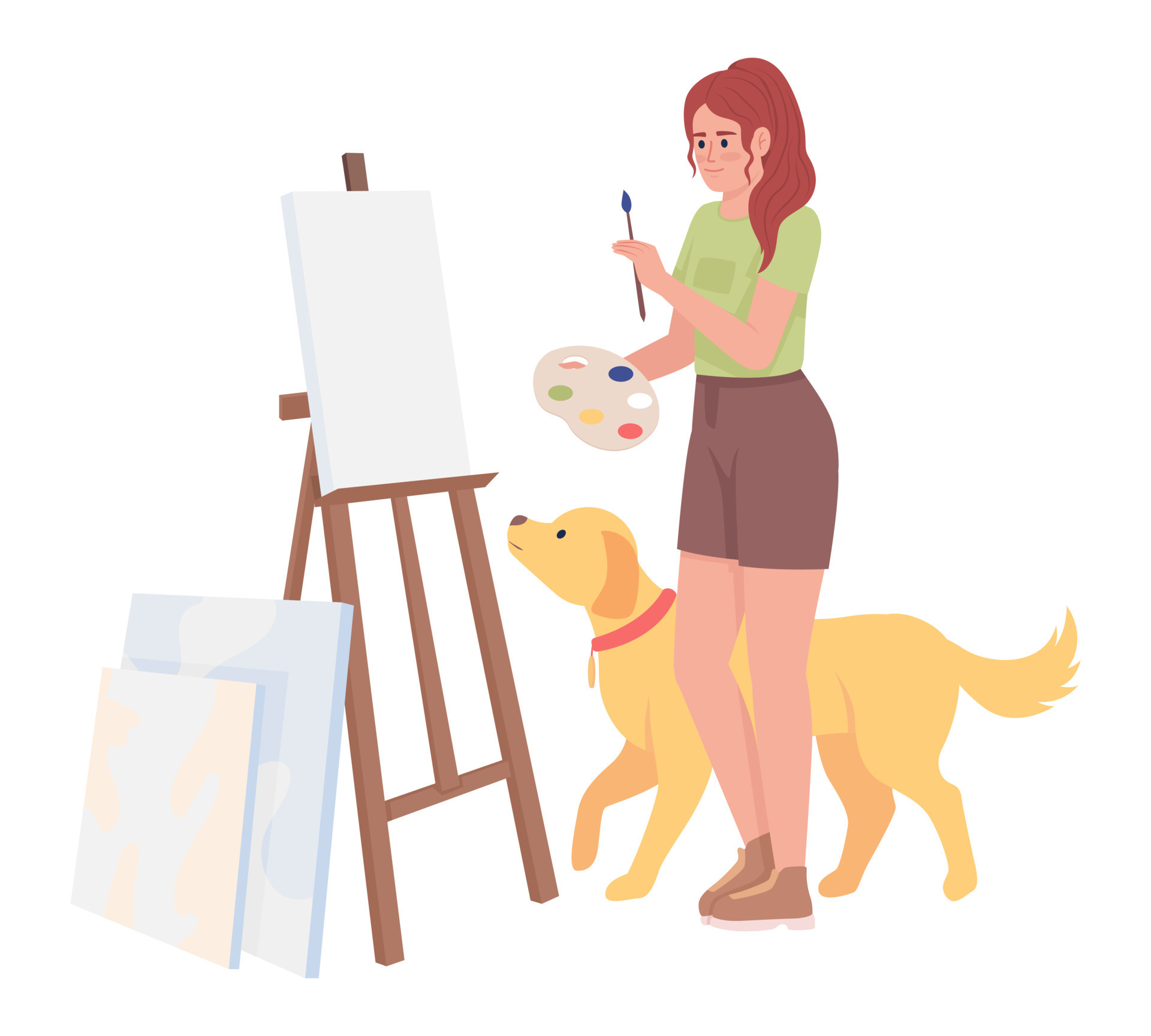 chica inspirada con pintura de golden retriever en caballete de carácter vectorial de color ...