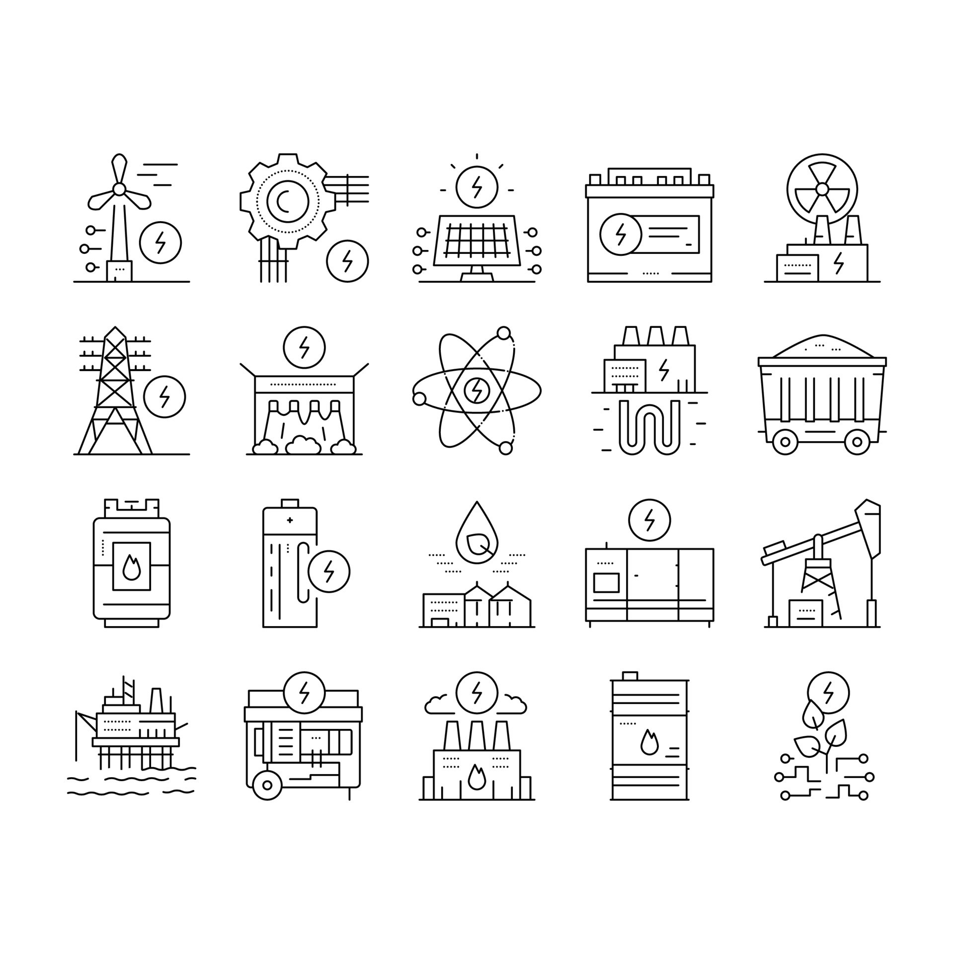 energía, electricidad, y, combustible, poder, iconos, conjunto, vector ...