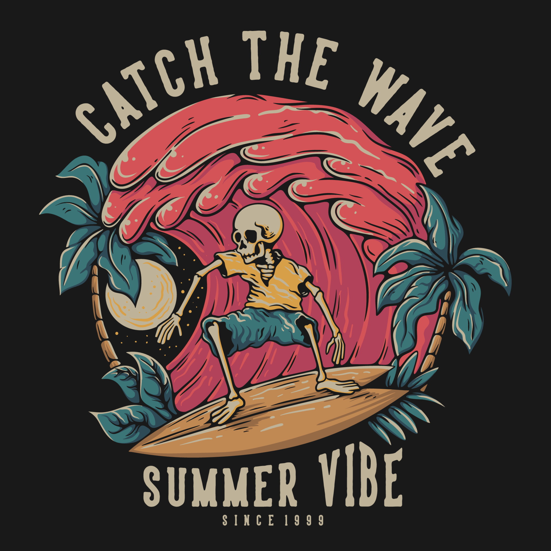 T Shirt Design Catch The Waves With Skeleton Doing Surfing On The Big ...