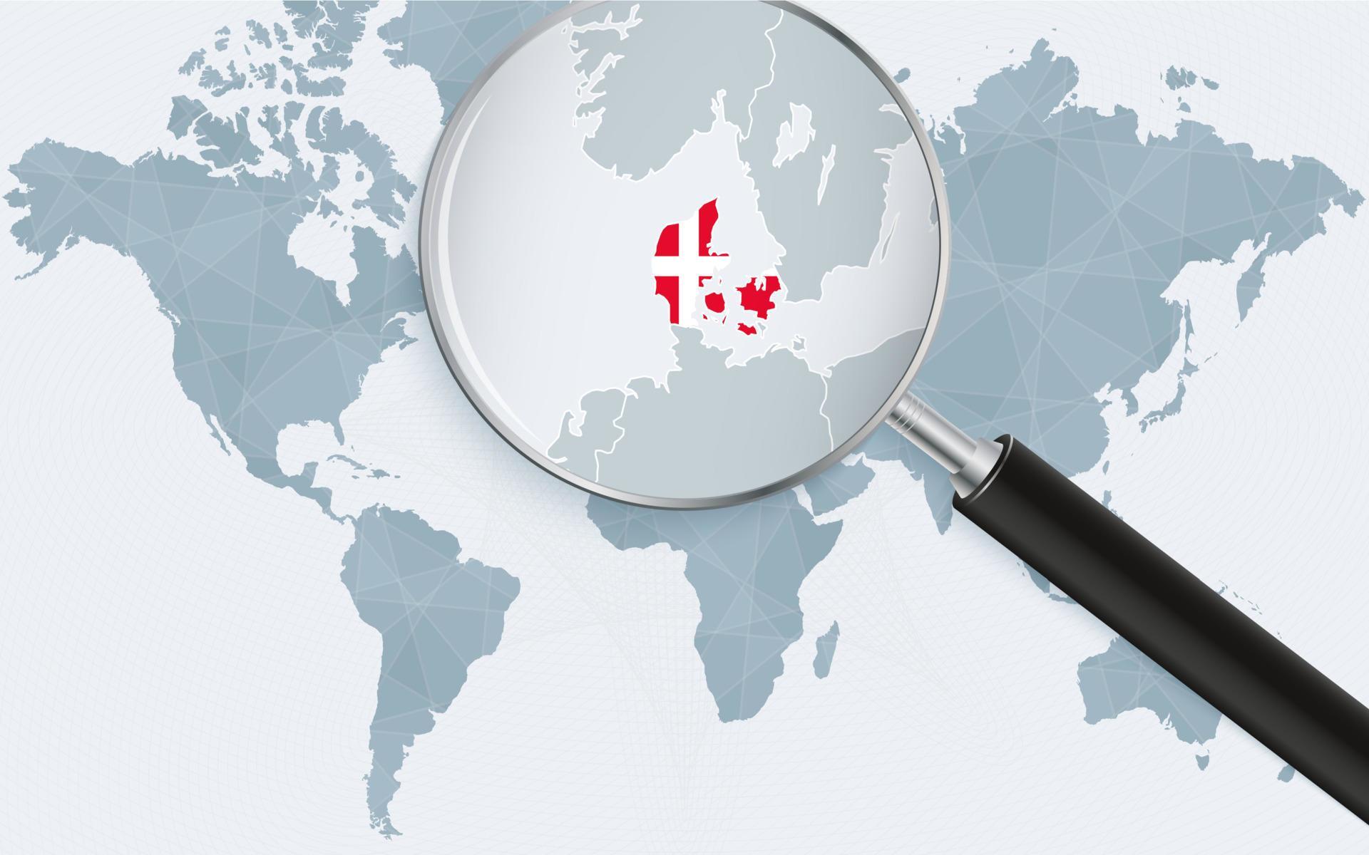 World map with a magnifying glass pointing at Denmark. Map of Denmark with the flag in the loop ...
