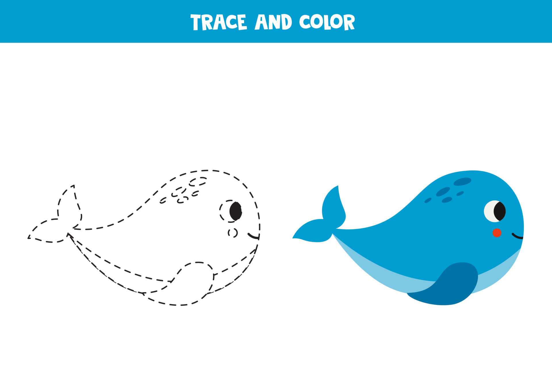 Trace and color cartoon cute blue whale. Worksheet for children ...