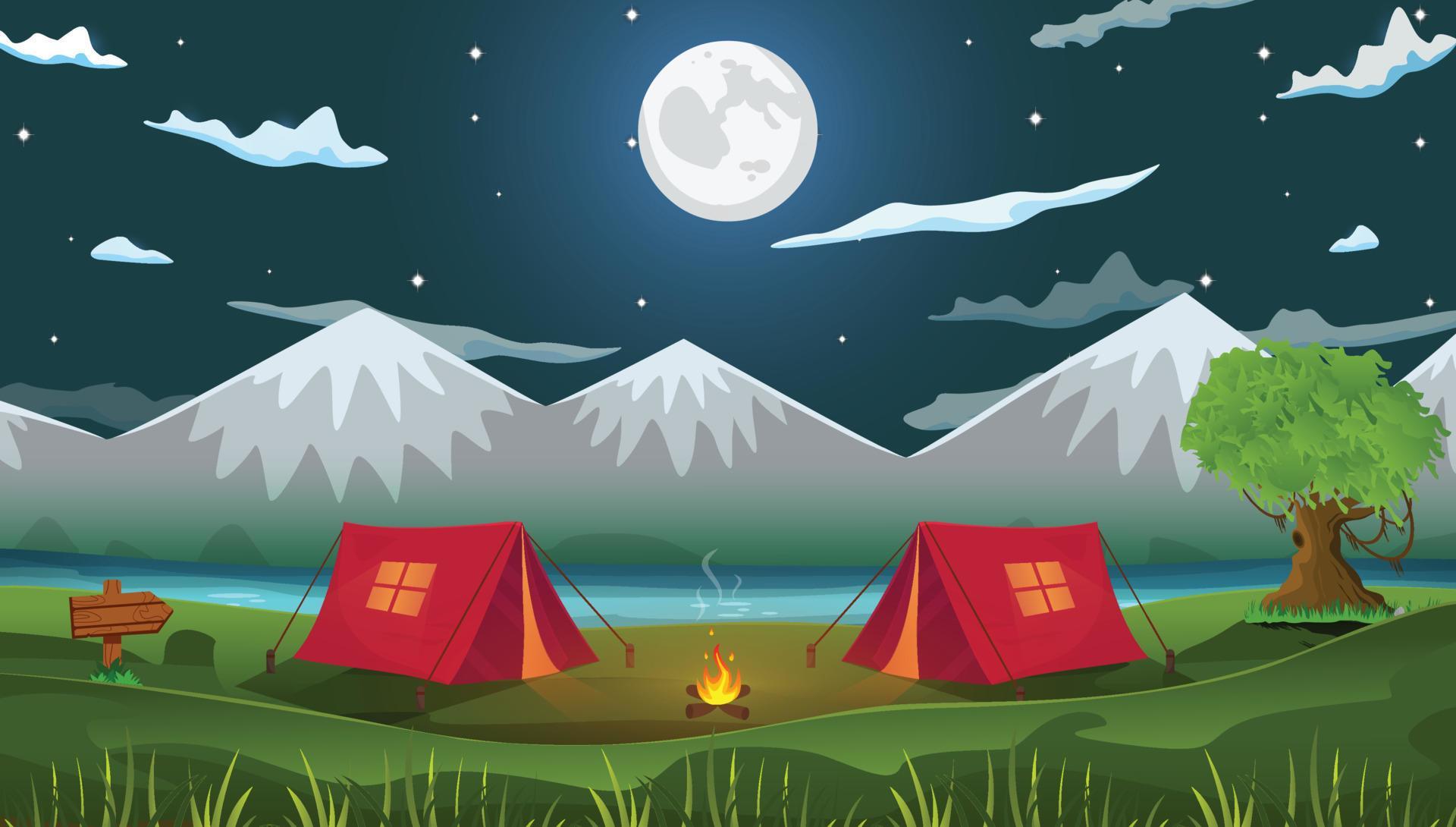 Night natural cartoon background camping scene with two tents, fire, lake, mountains with trees ...