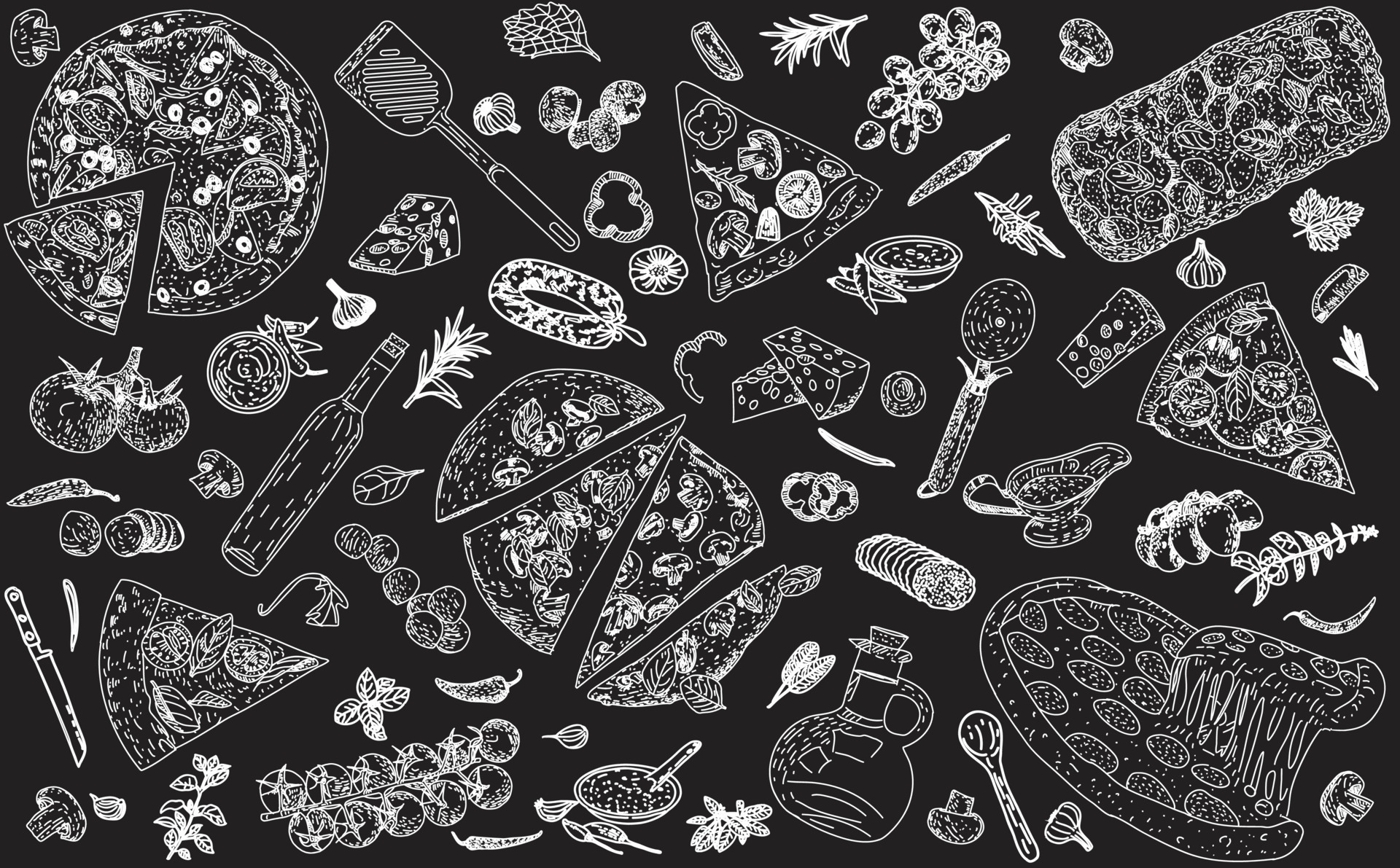Traditional Italian pizza pattern. Vector illustration. Engraved design ... Traditional Italian pizza pattern. Vector illustration. Engraved design ...