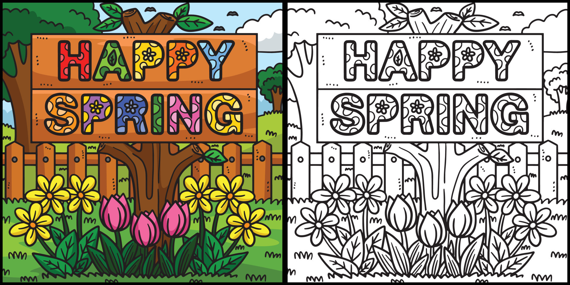 Happy Spring Banner Coloring Page Illustration 19633501 Vector Art at ...