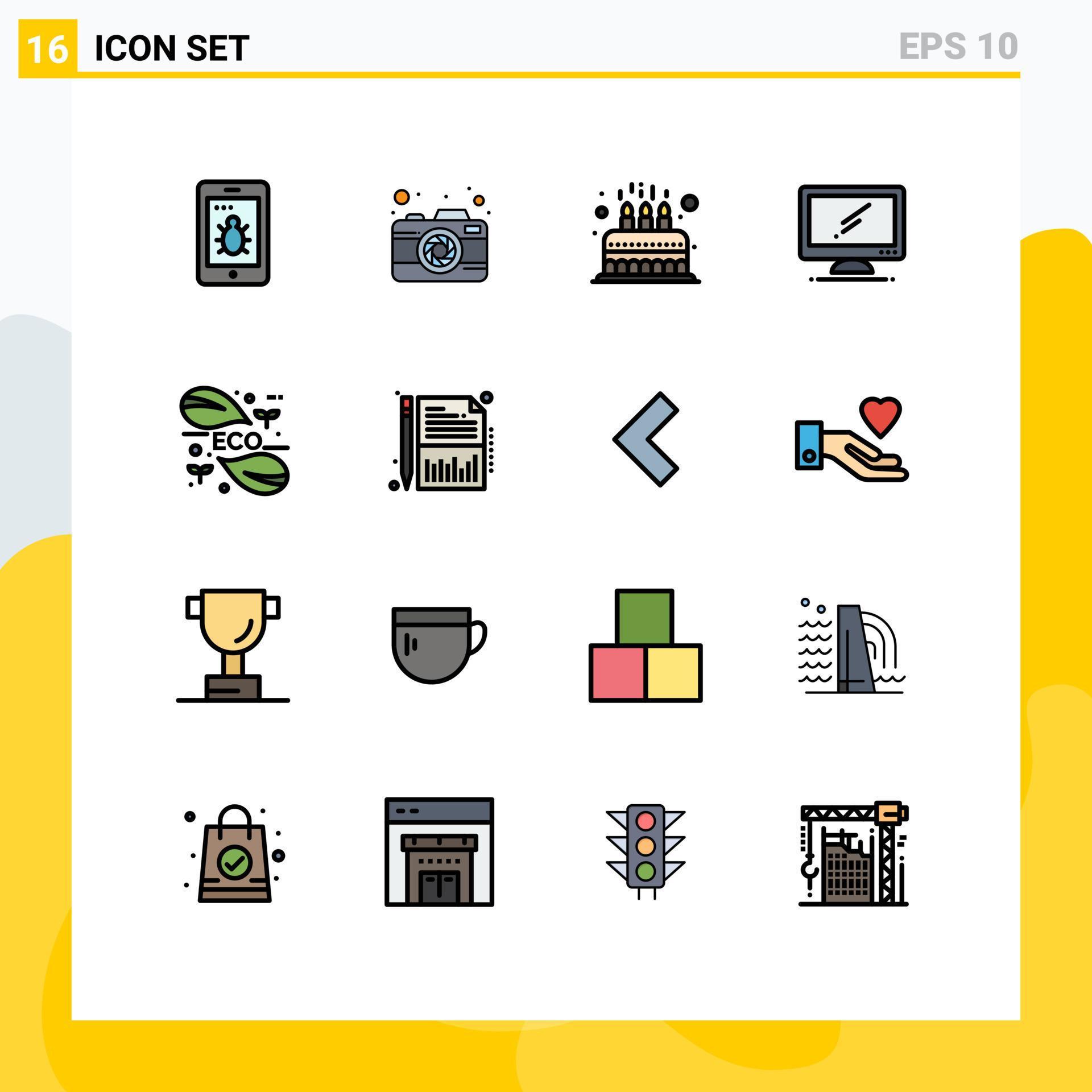 Set Of 16 Vector Flat Color Filled Lines On Grid For Eco Imac Cake Device Computer Editable