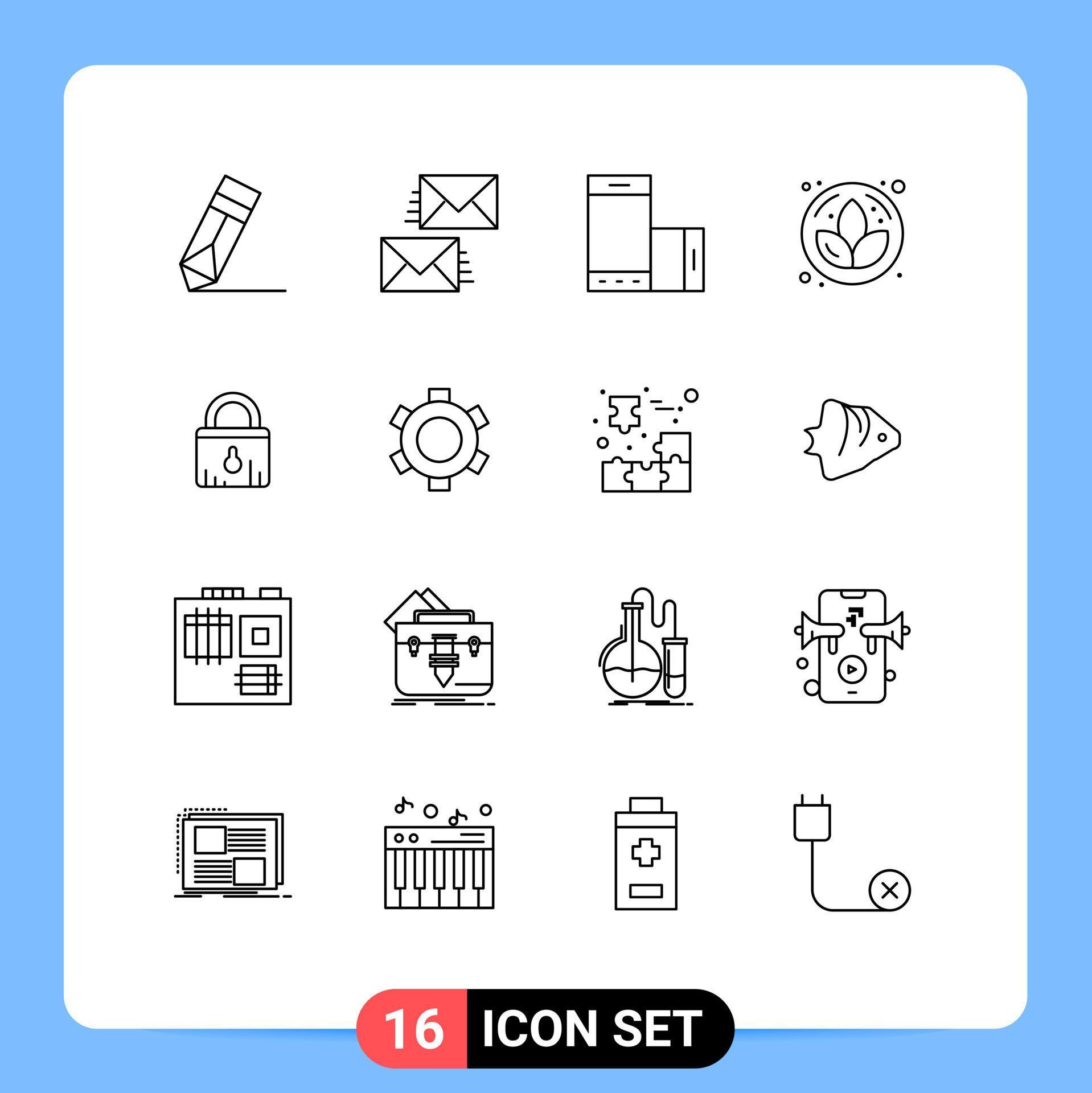 Set of 16 Vector Outlines on Grid for lock flower envelope lotus rotate Editable Vector Design ...