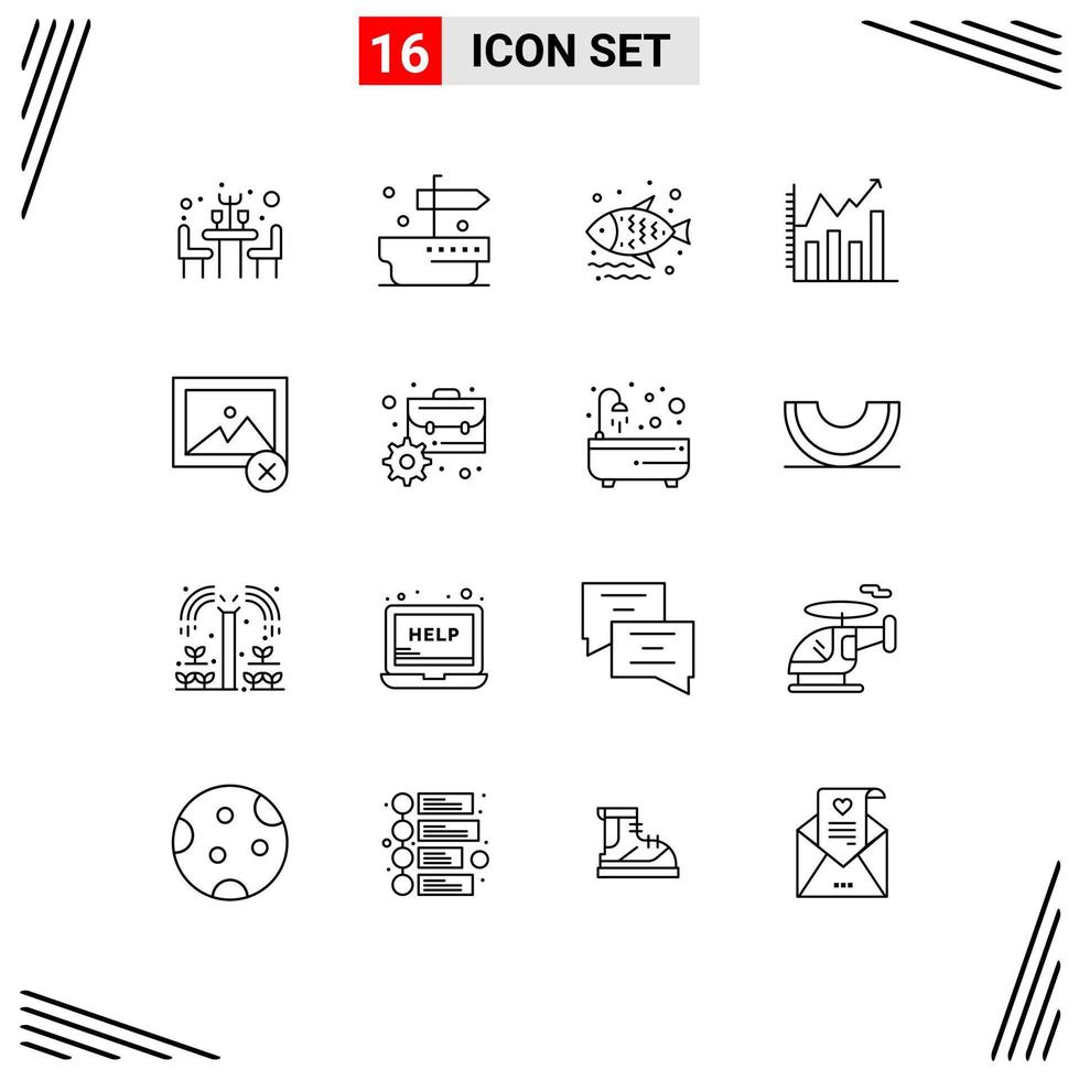 Group Of 16 Outlines Signs And Symbols For Briefcase Image Sea Delete Analytics Editable Vector