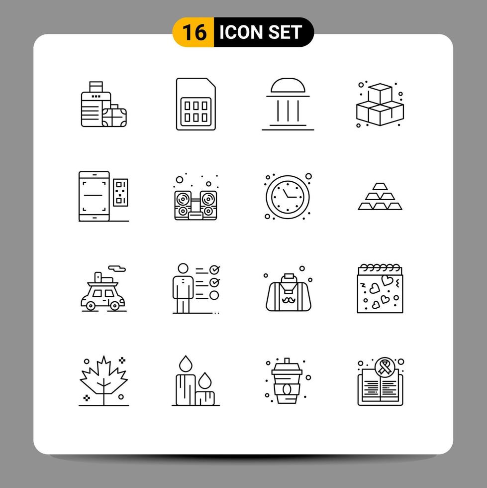 Pictogram Set Of 16 Simple Outlines Of Code Game Sim Card Cubes Column Editable Vector Design