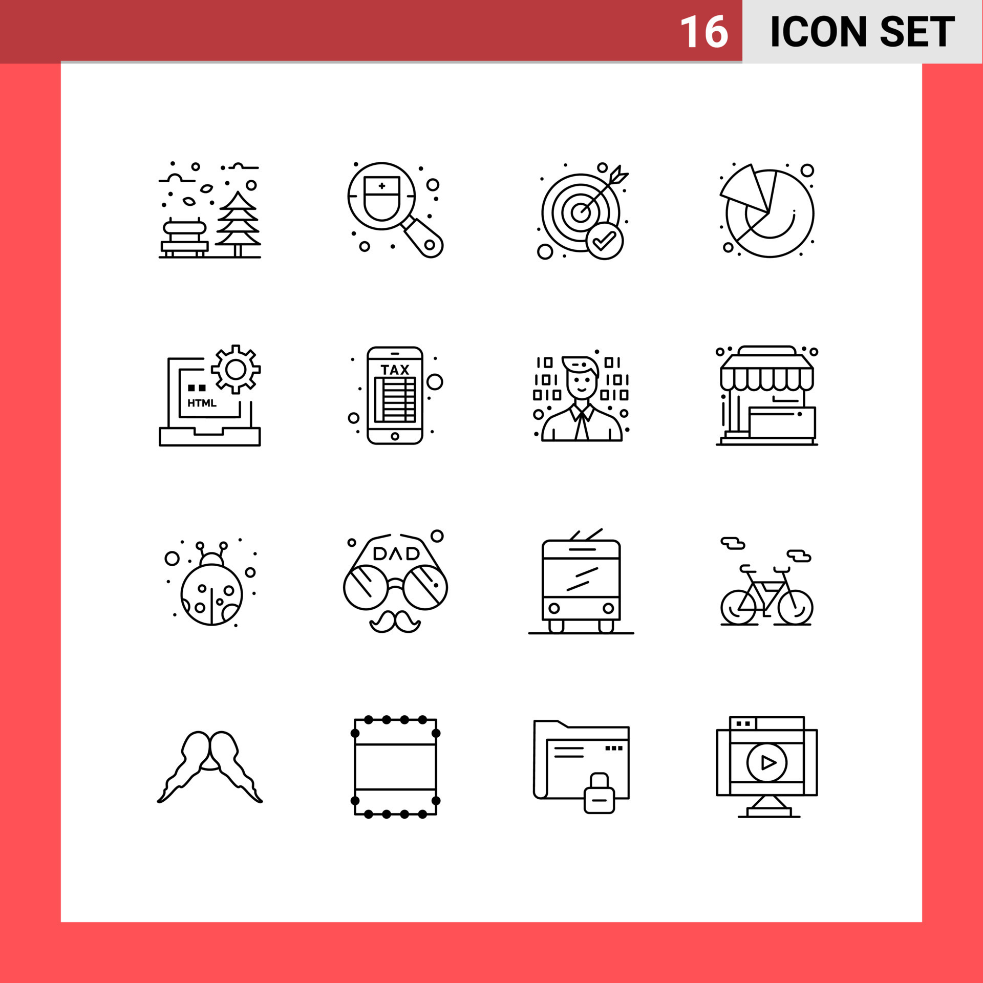 Modern Set of 16 Outlines Pictograph of code graph search finance target Editable Vector Design ...