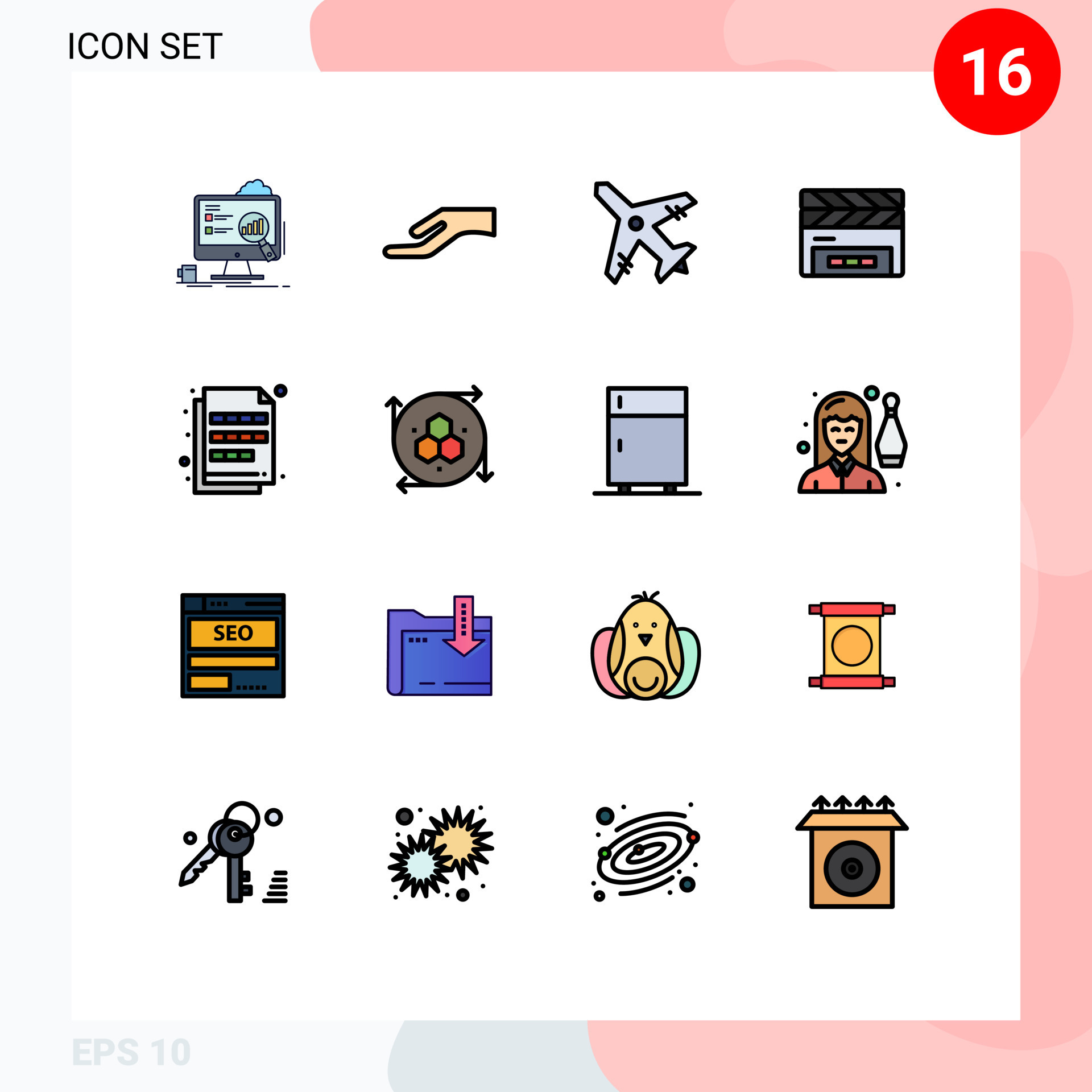 16 Thematic Vector Flat Color Filled Lines And Editable Symbols Of File Color Airport Film Flap