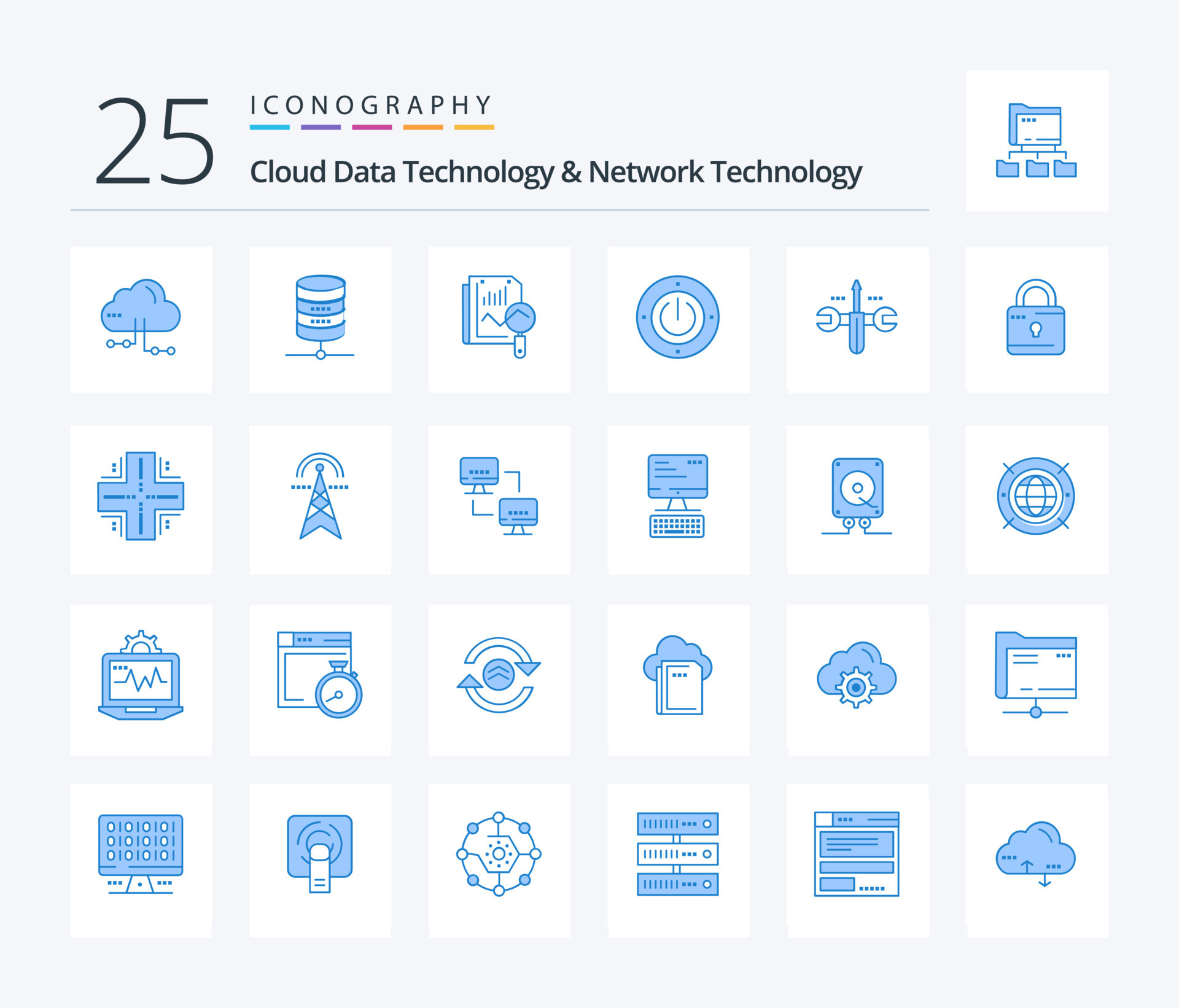 Cloud Data Technology And Network Technology 25 Blue Color Icon Pack Including Computing