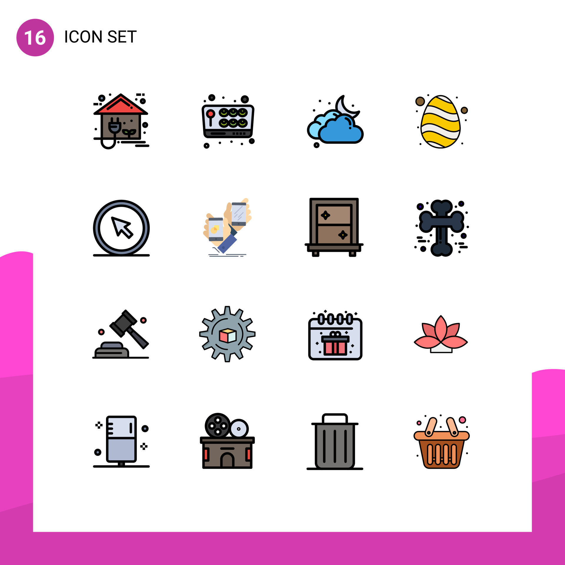 User Interface Pack Of 16 Basic Flat Color Filled Lines Of Click Nature Fun Egg Weather Editable