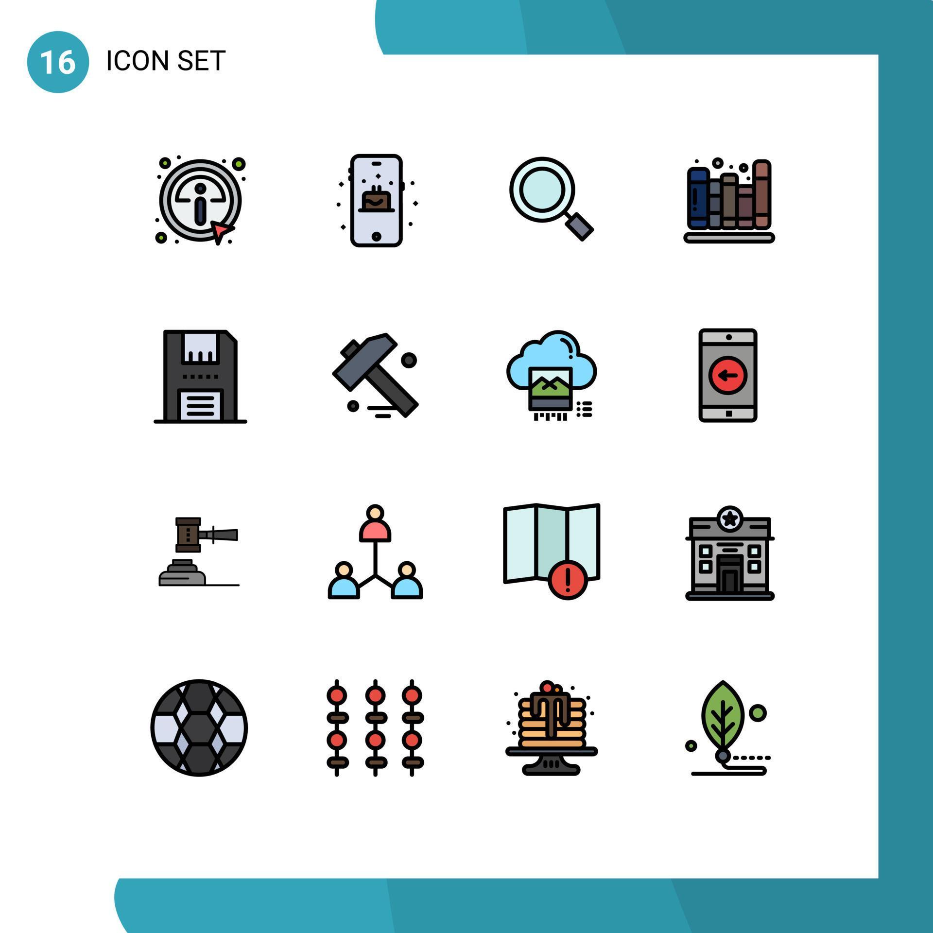 Set Of 16 Vector Flat Color Filled Lines On Grid For Electronics Devices Magnifier Library Books