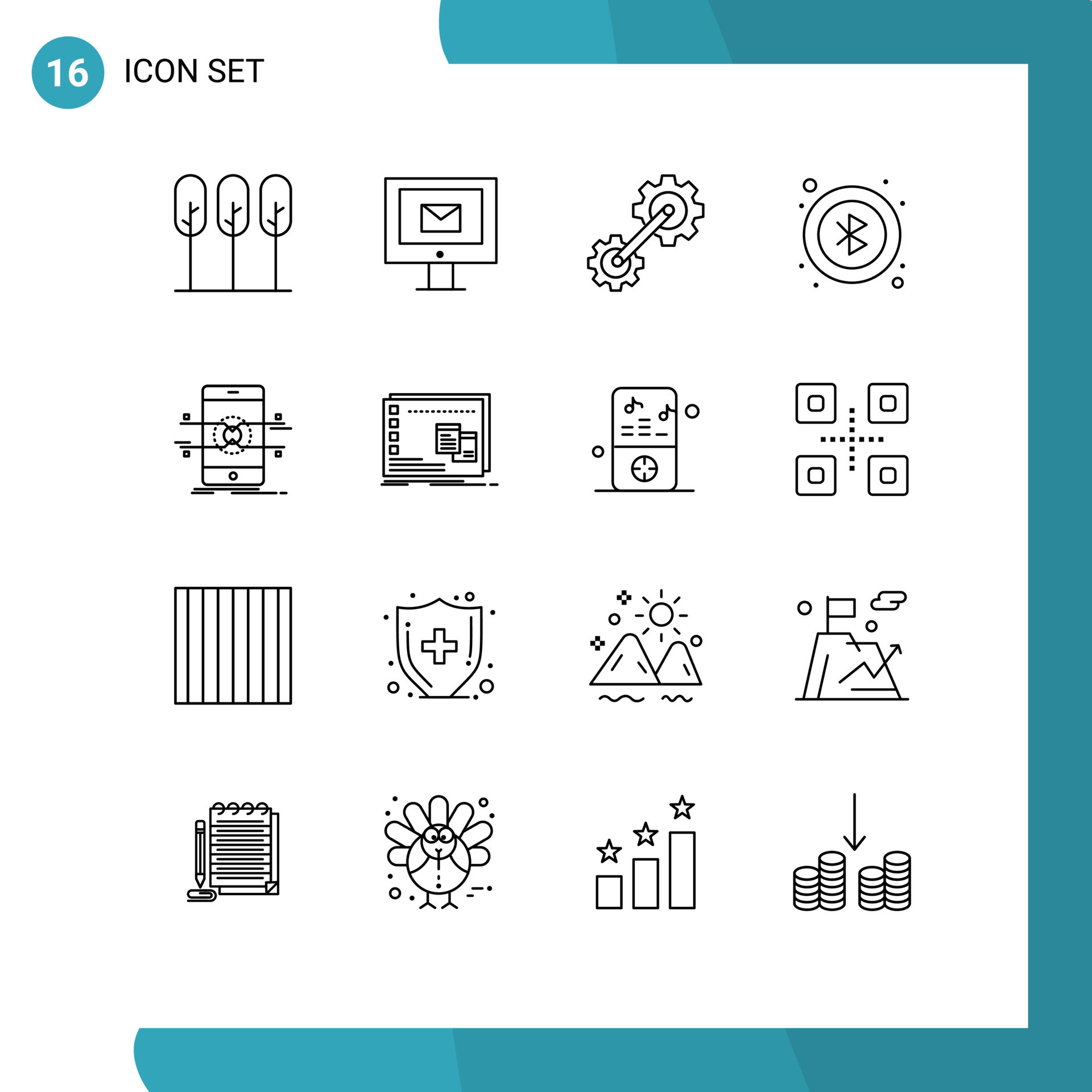 Pictogram Set Of 16 Simple Outlines Of Mobile Api Cogs User Bluetooth Editable Vector Design