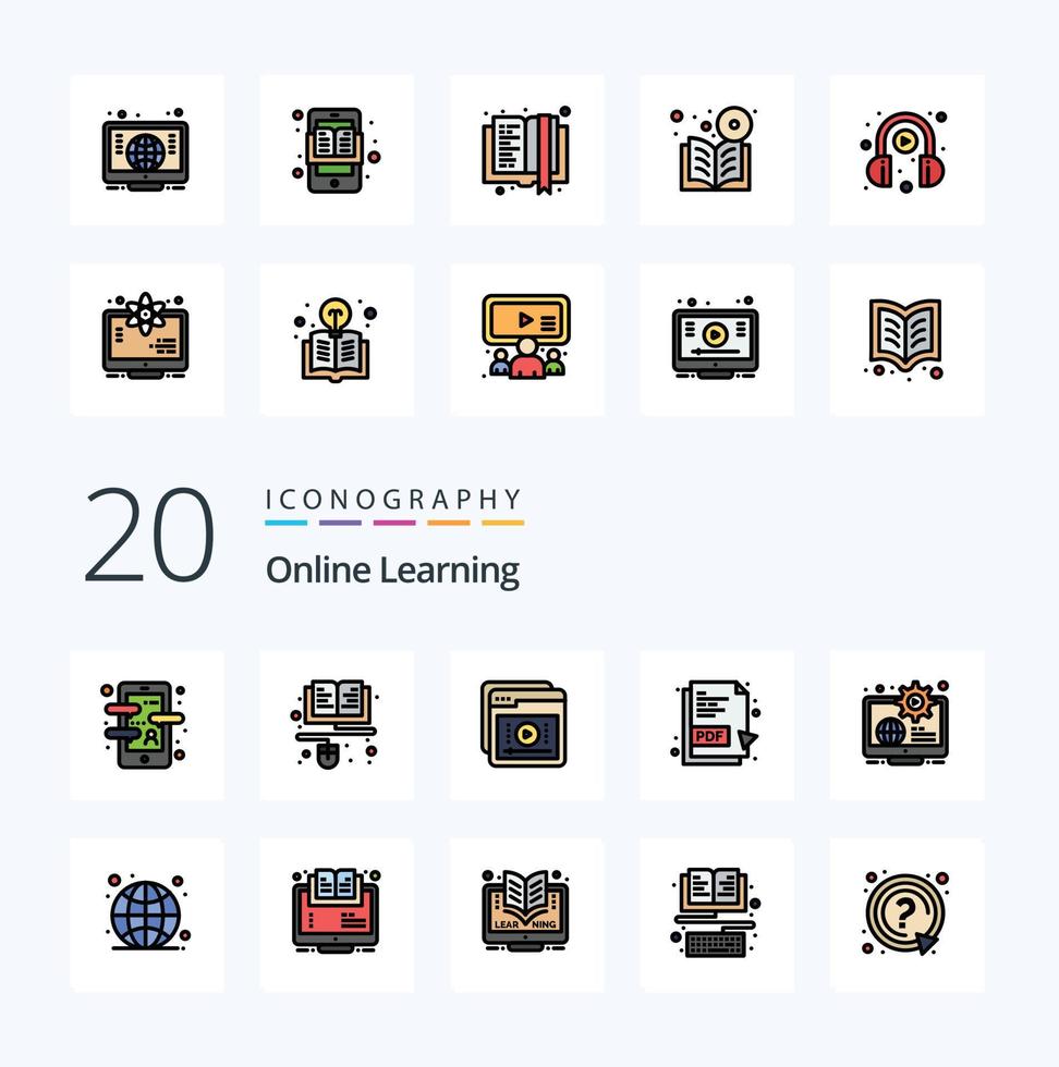 20 Online Learning Line Filled Color icon Pack like globe pdf document online pdf learning ...
