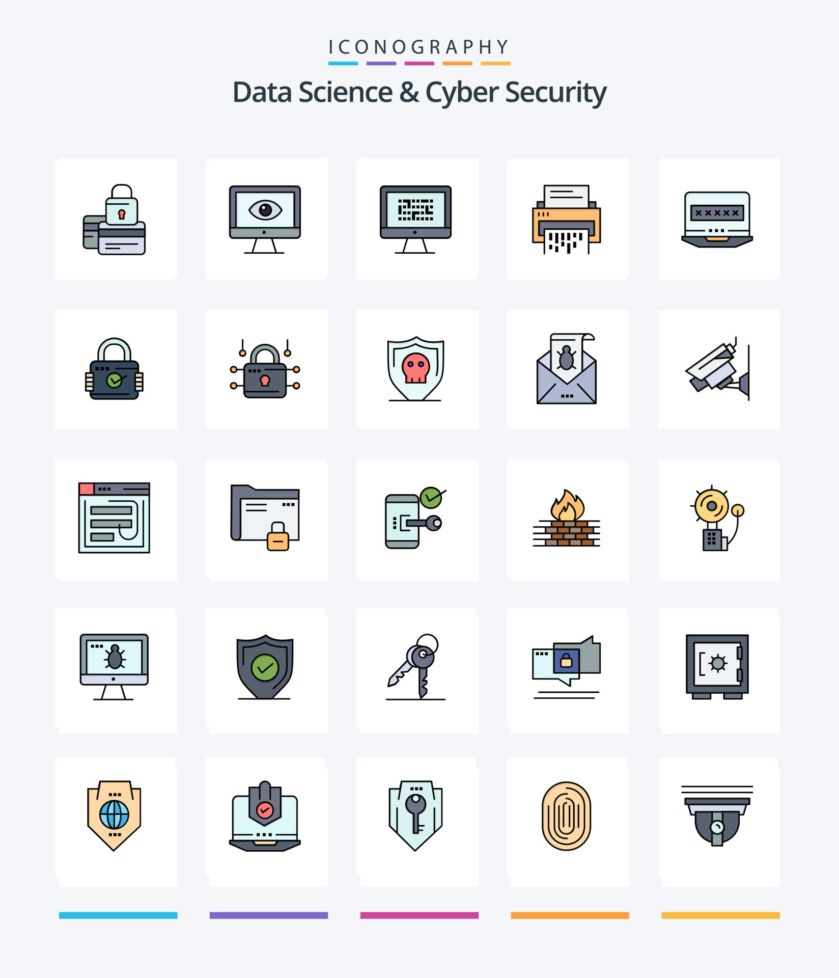 Creative Data Science And Cyber Security 25 Line Filled Icon Pack Such As Problem Encryption